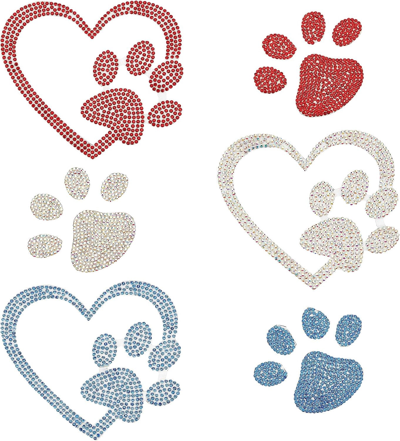 6 Pcs Rhinestone Heart Paw Print 2 Style Self-Adhesive Stickers Bling ...