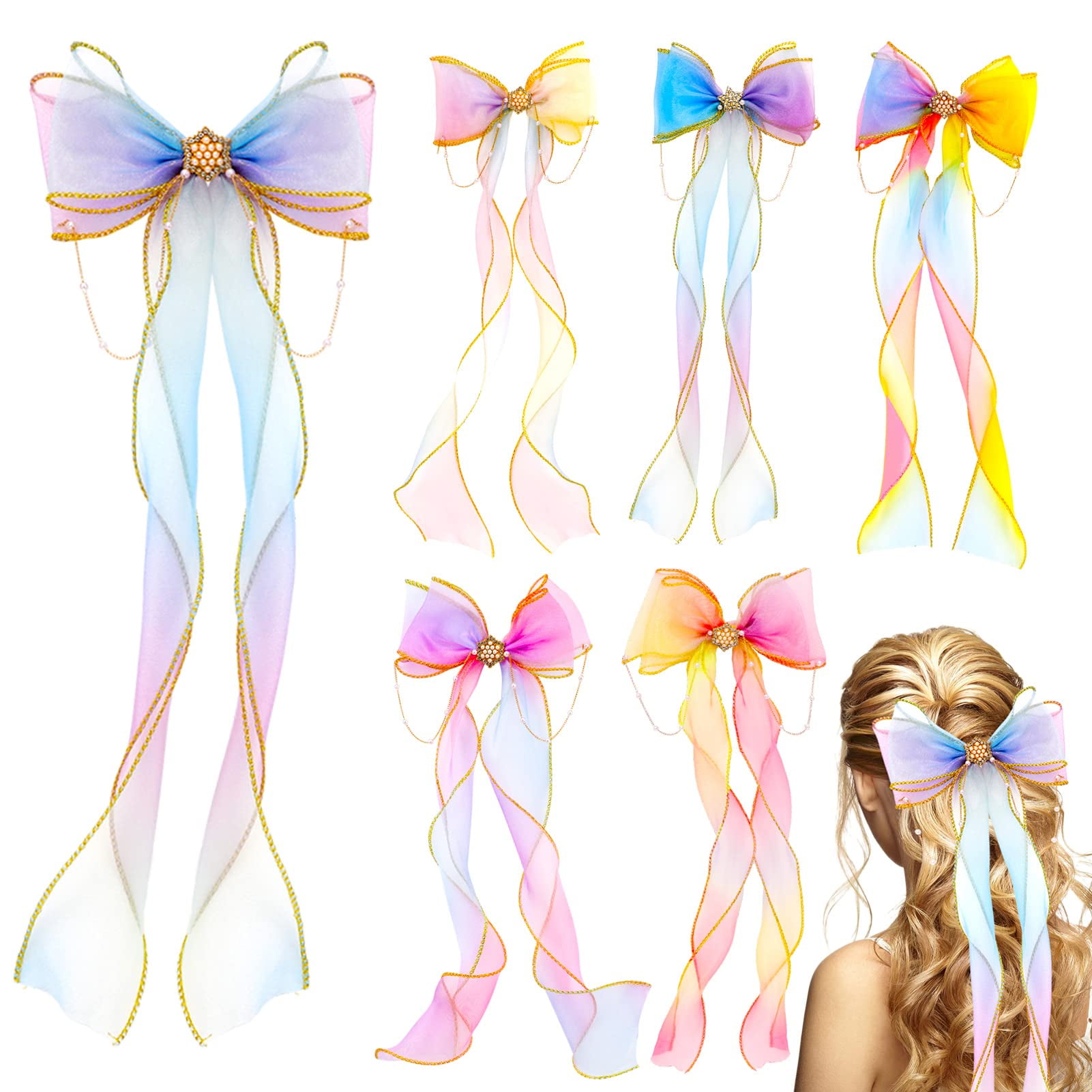 6 Pcs Ribbon Hair Bows for Girls, 16.9" Large Braided Bow with Clips ...