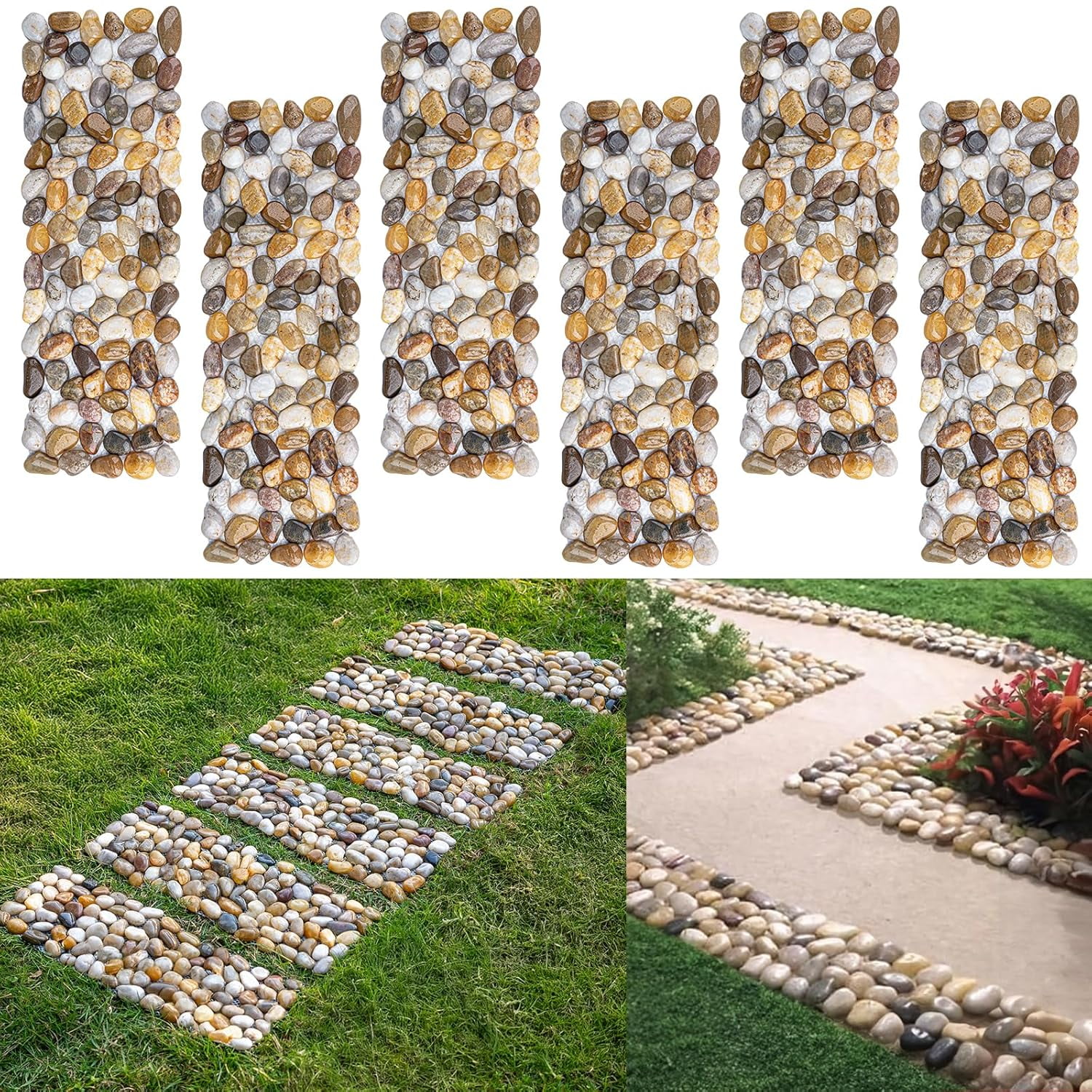 6 Pcs River Rock Stepping Stones, 16" L x 5.5" W Rectangles Outdoor ...