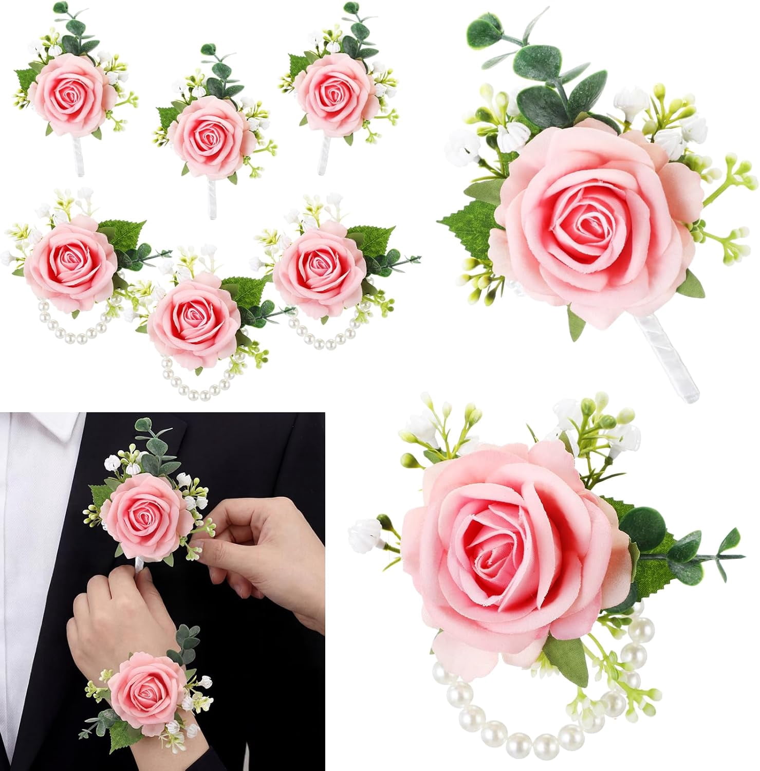 6 Pcs Rose Corsage and Boutonniere Set for Men Women Bride Bridesmaids ...