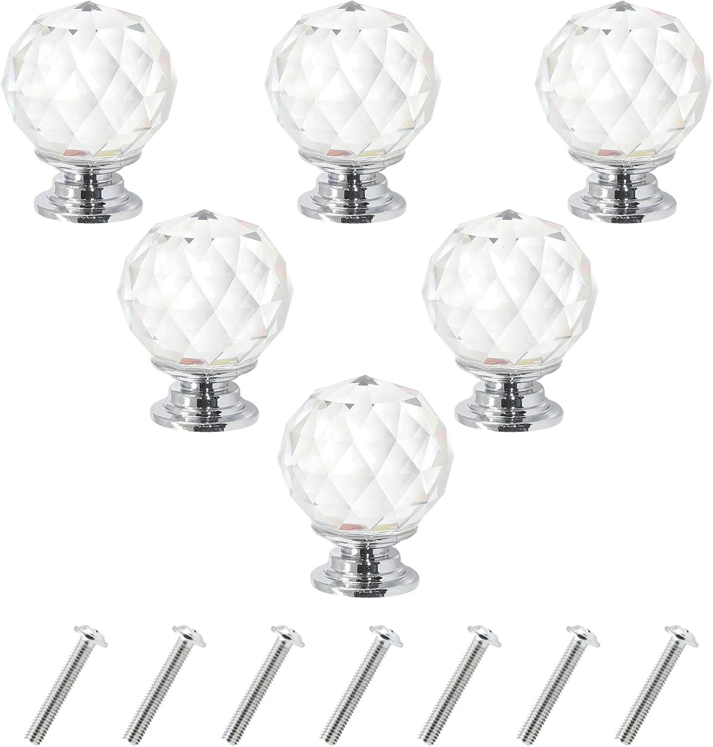 6 Pcs Round Diamond Crystal Cabinet Knobs 1.2 Inch Clear Crystal Drawer ...
