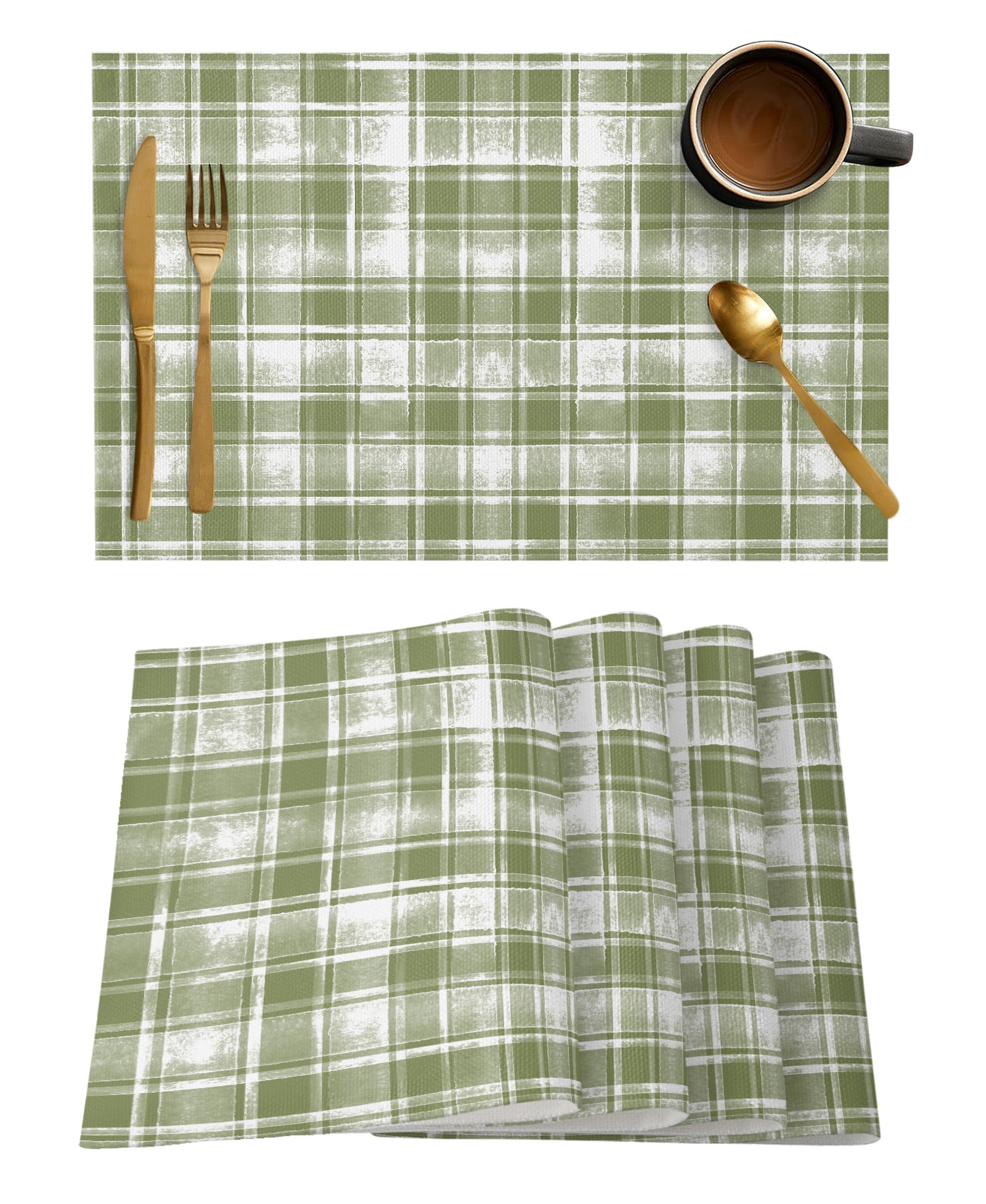 6 Pcs Sage Green Watercolor Plaid Kitchen Placemat Dining Table Decor ...