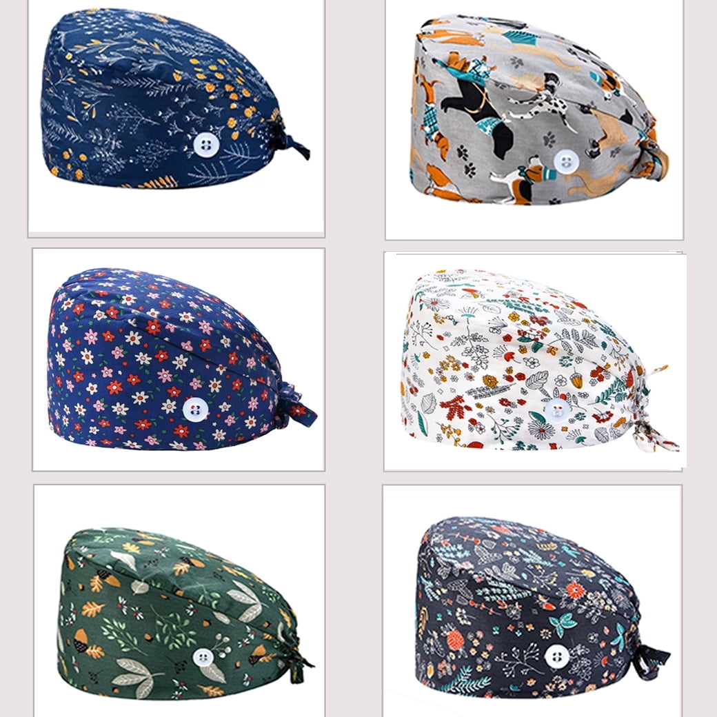6 Pcs Scrub Caps Women Nursing Hats with Buttons Adjustable Bouffant ...