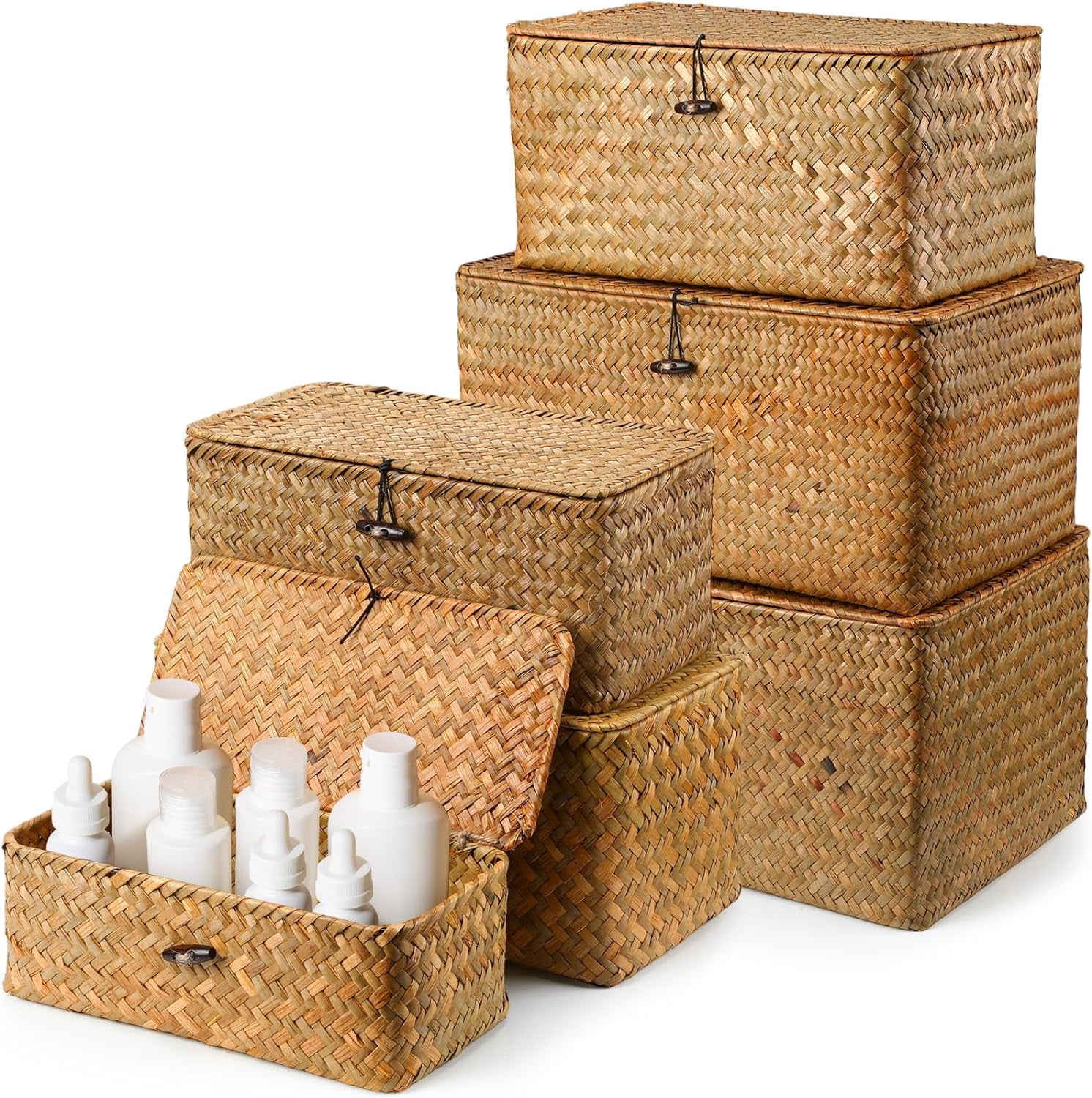 6 Pcs Seagrass Basket with Lid Wicker Storage Decorative Boxes with ...