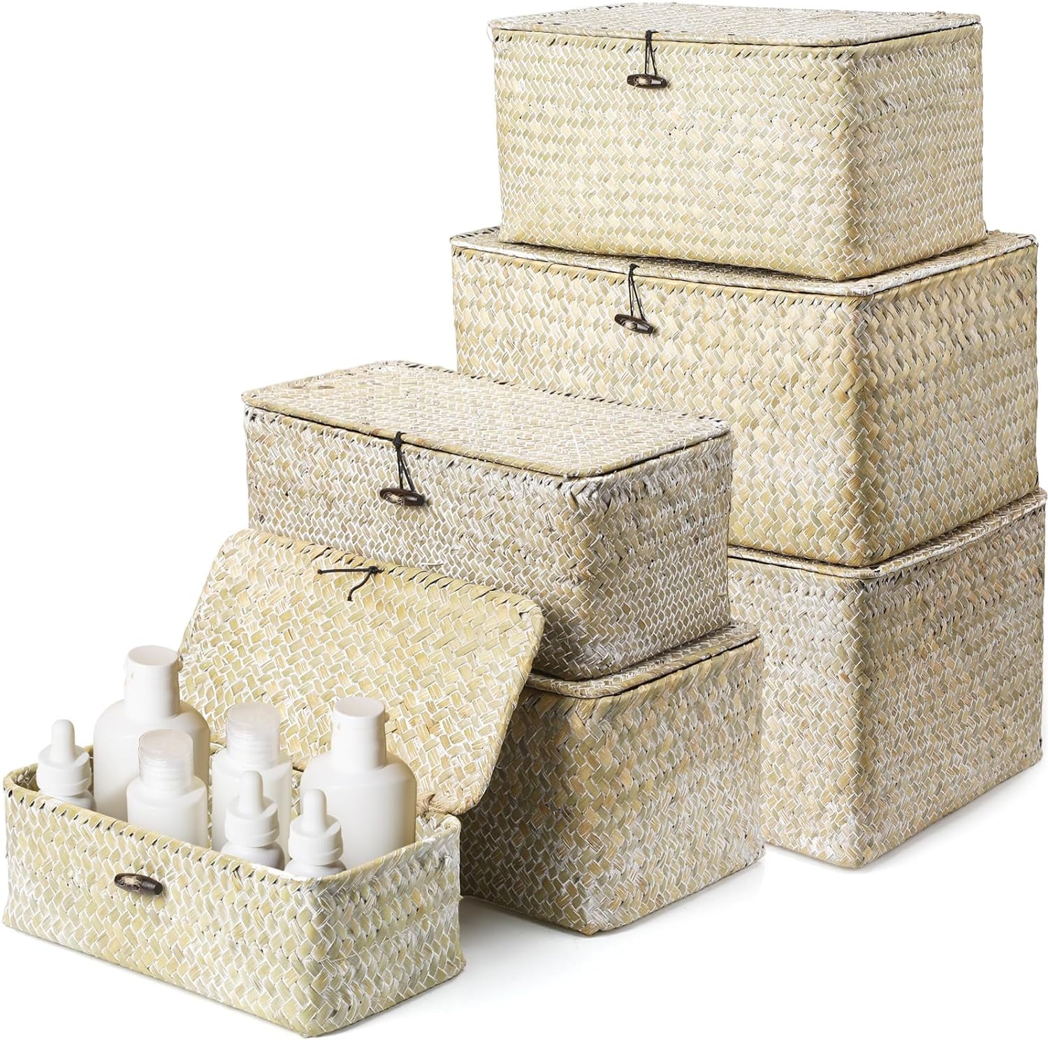 6 Pcs Seagrass Basket with Lid Wicker Storage Decorative Boxes with ...