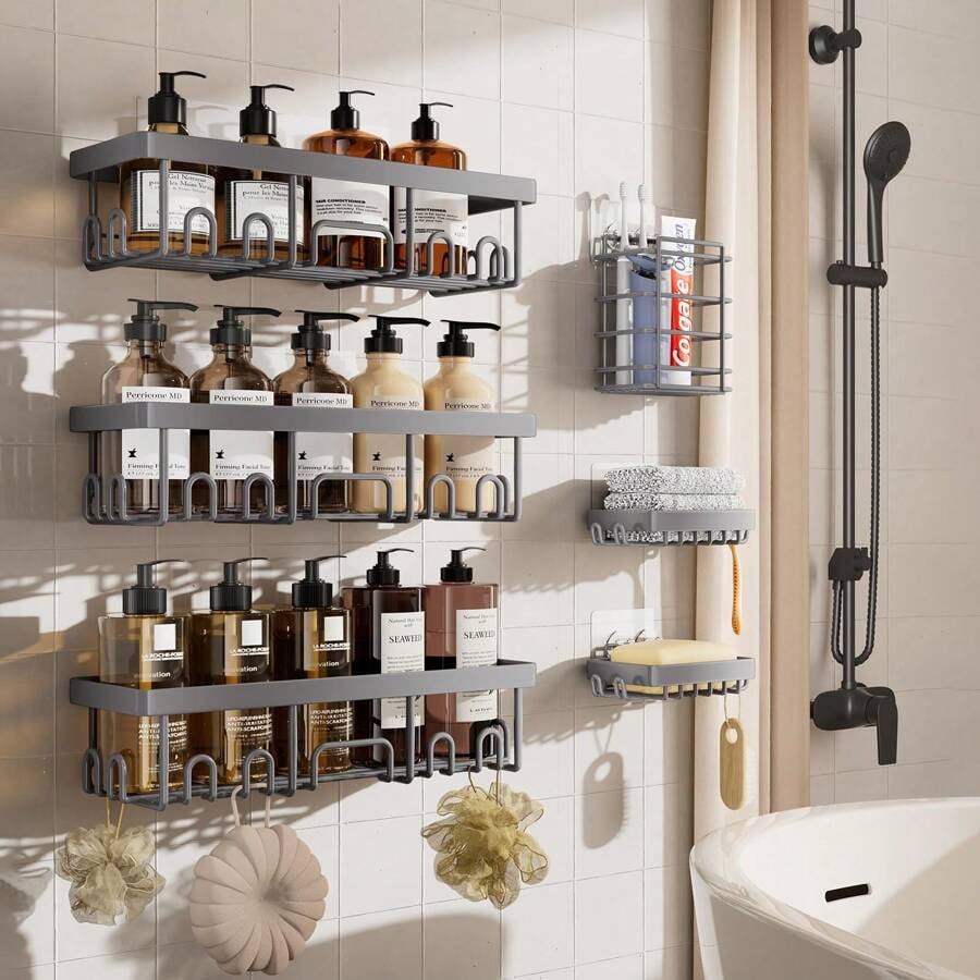 6 Pcs-Shower Caddy, Bathroom Shower Organizers, Black Shower Shelves ...