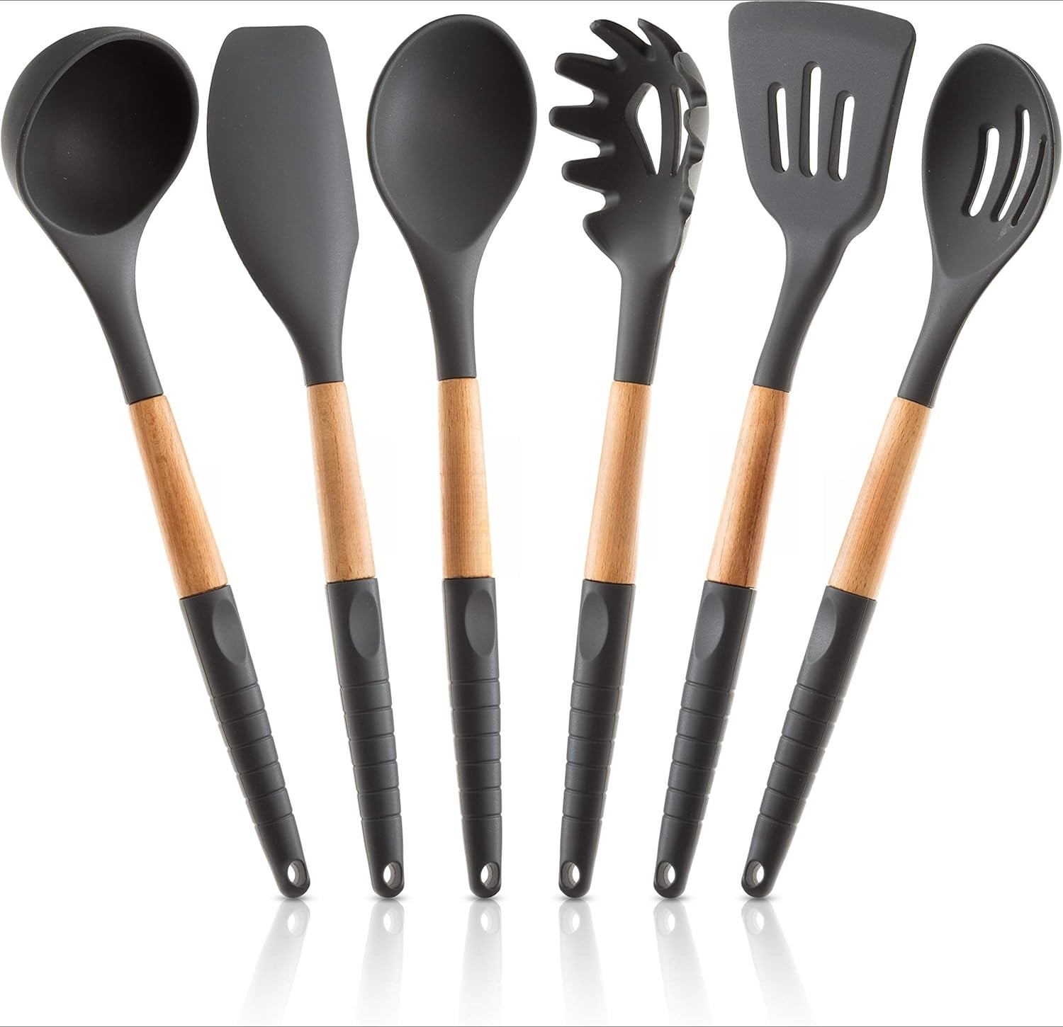 6 Pcs Silicone Cooking Utensils Set-Natural Wood Kitchen Utensils – Eco ...