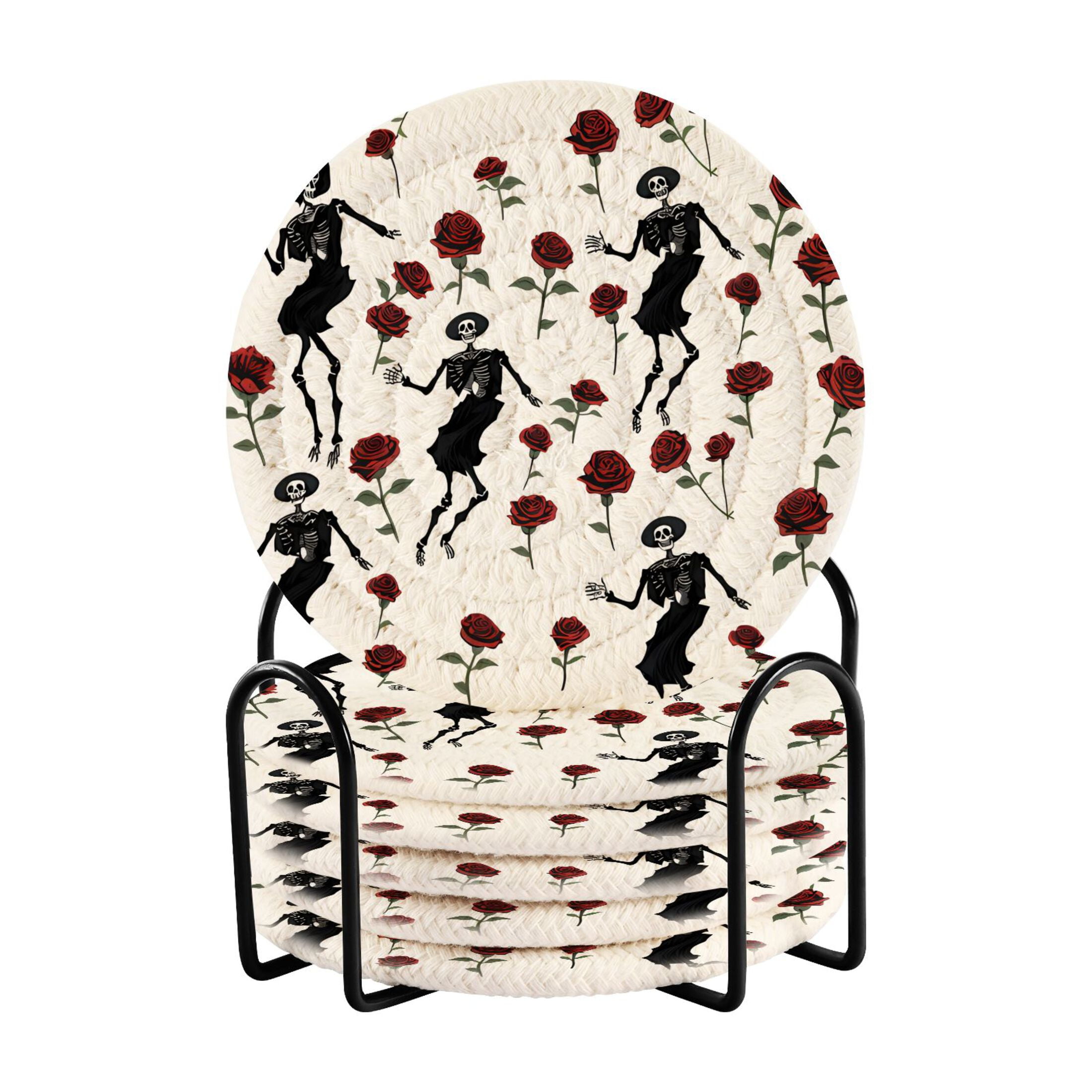 6 Pcs Skeletons Dancing with Roses Flowers Drink Coasters with Holder ...