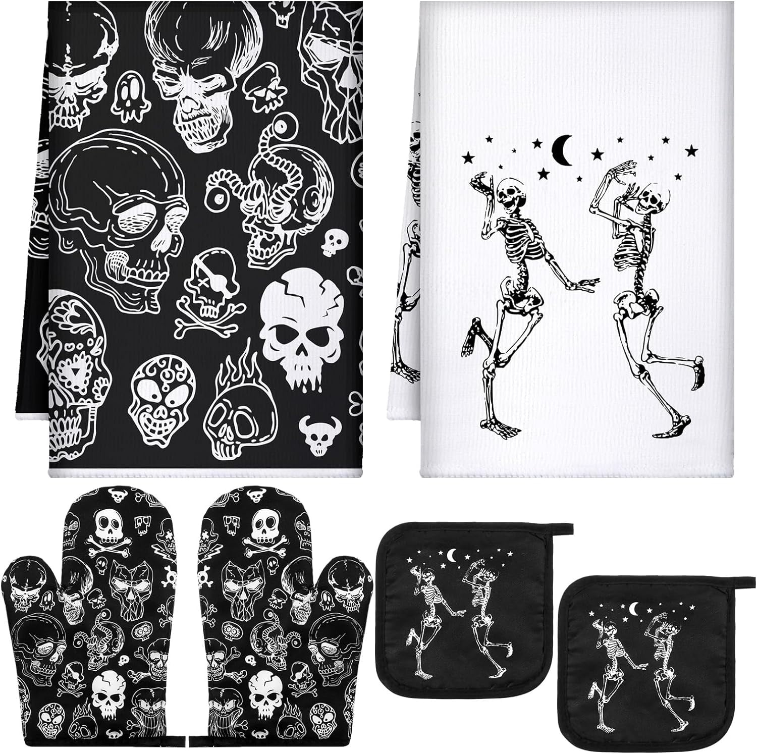 6 Pcs Skull Kitchen Decor Set, Skull Kitchen Towels Gothic Oven Mitts ...