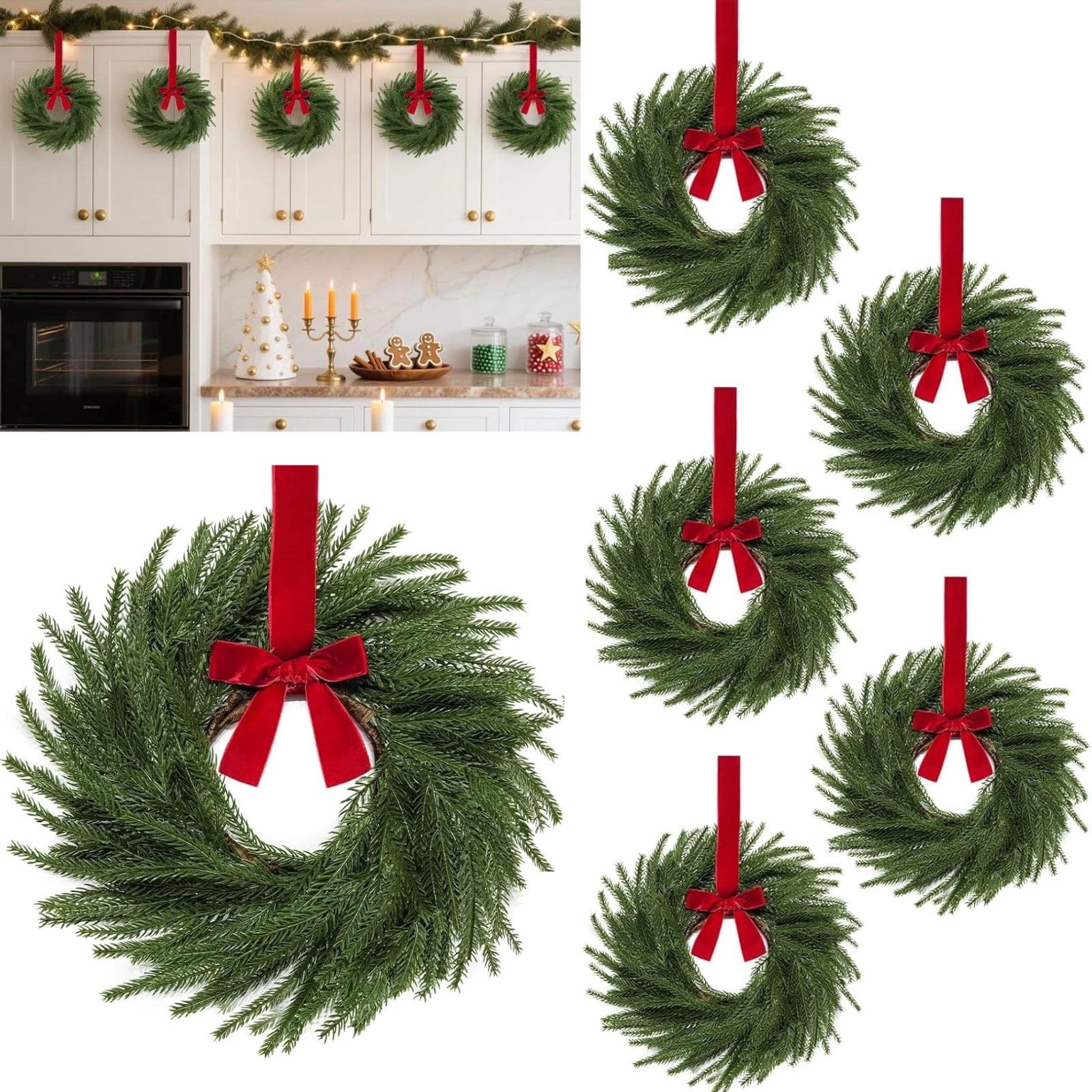 6 Pcs Small Christmas Wreaths for Windows Kitchen Cabinets, Mini ...