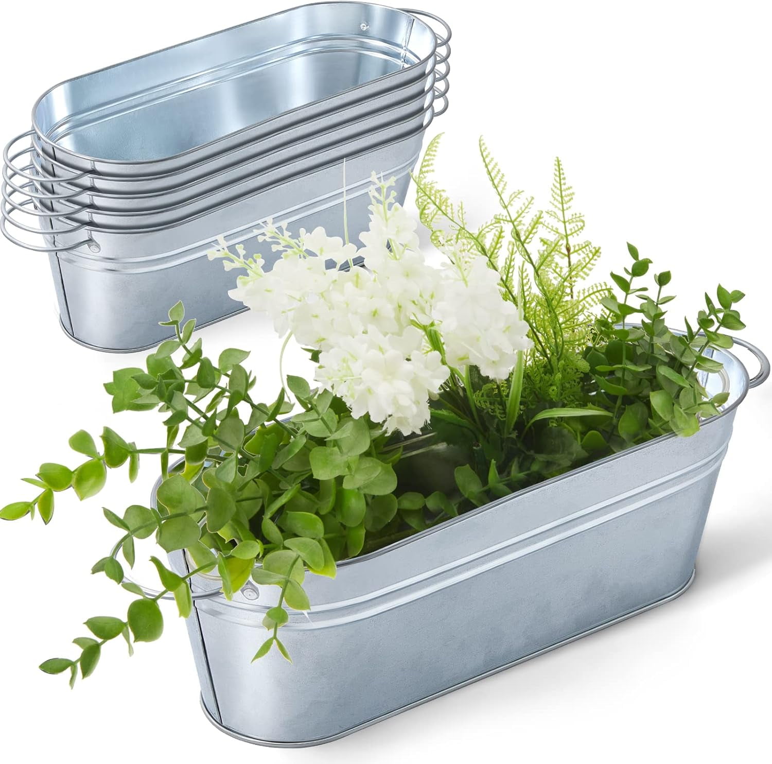 6 Pcs Small Galvanized Oval Planters Tub Galvanized Buckets with Handle ...