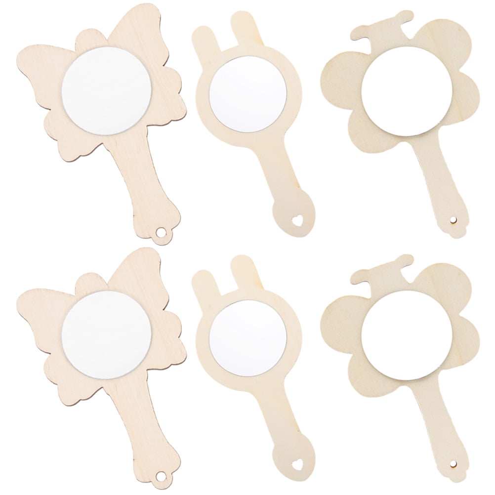 6 Pcs Small Wooden Mirror Unfinished Mirrors DIY Handheld Playset ...