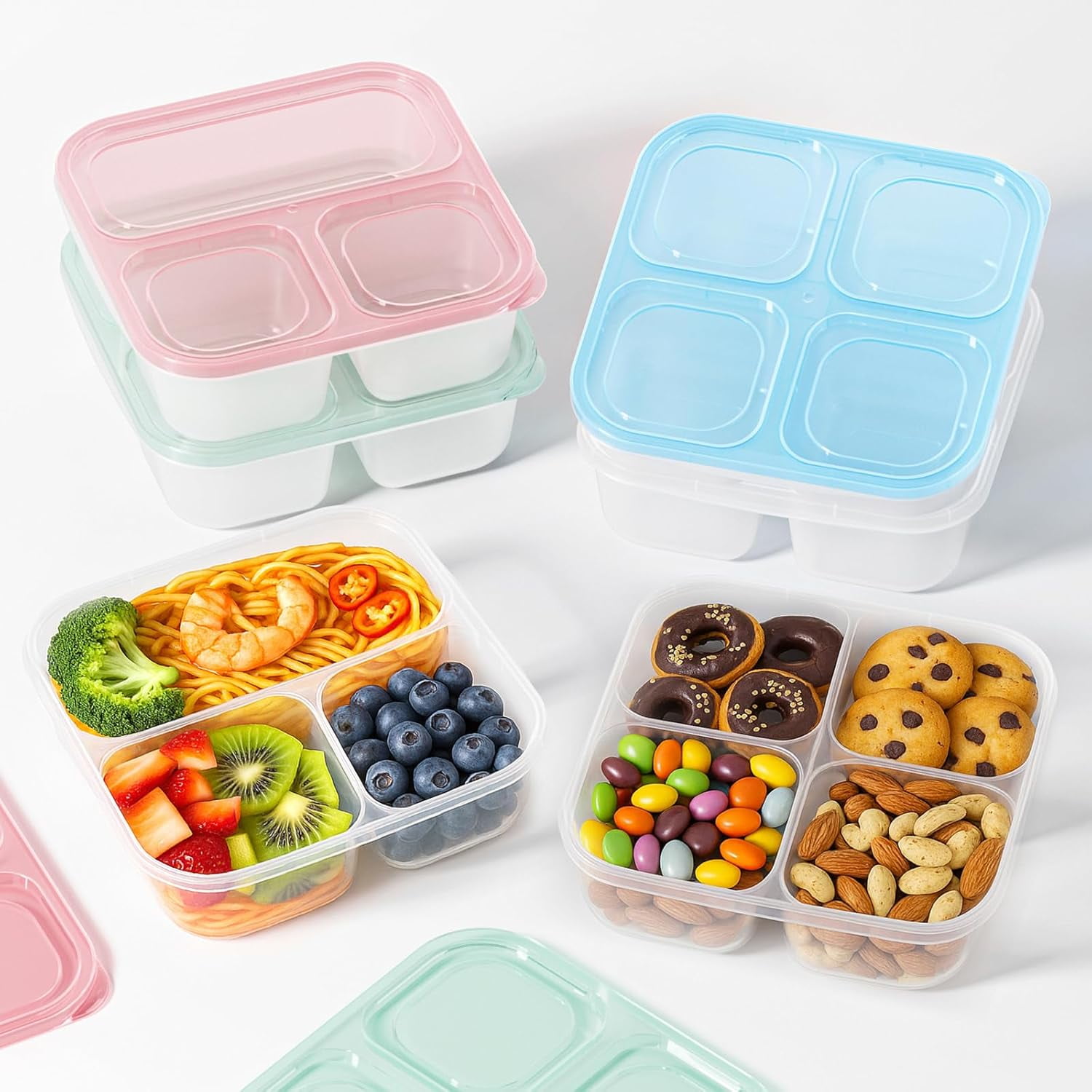 6 Pcs Snack Box Container Set, Reusable 3&4 Compartment Meal Prep Snack ...