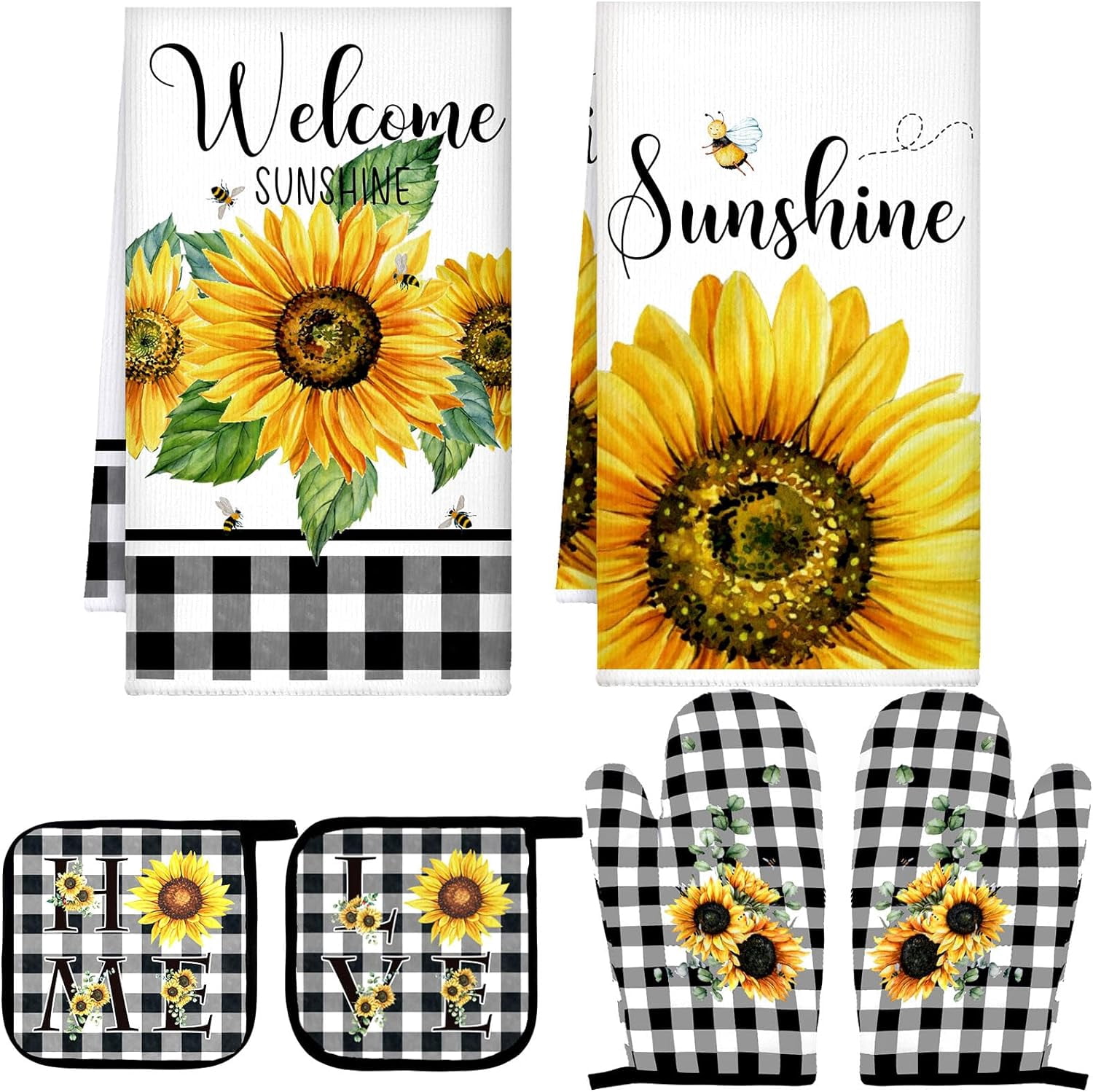 6 Pcs Spring Kitchen Decor Sunflower Pot Holders and Oven Mitts Sets ...