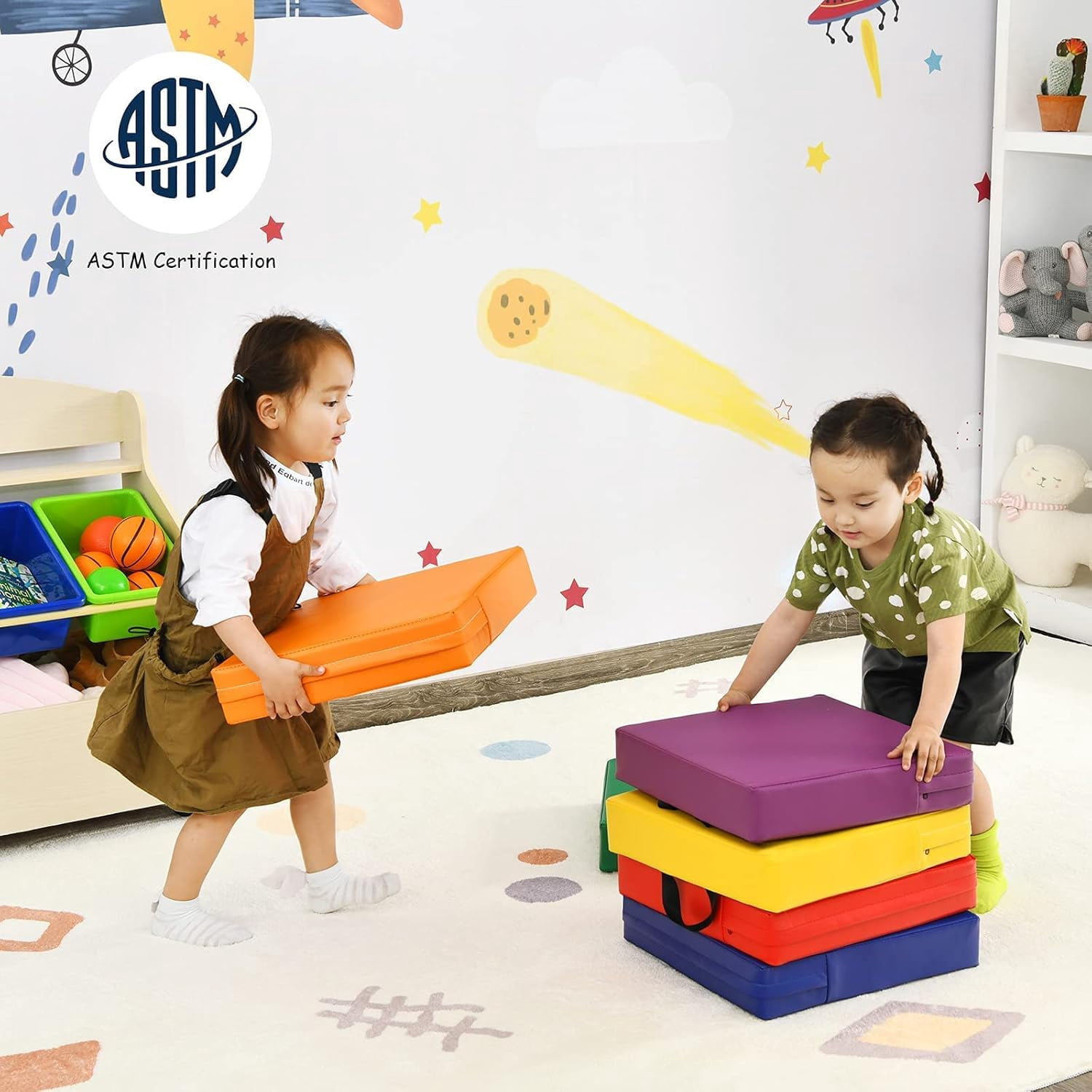 6 Pcs Square Floor Cushions for Kids, 15'' Soft Foam Floor Seating w ...