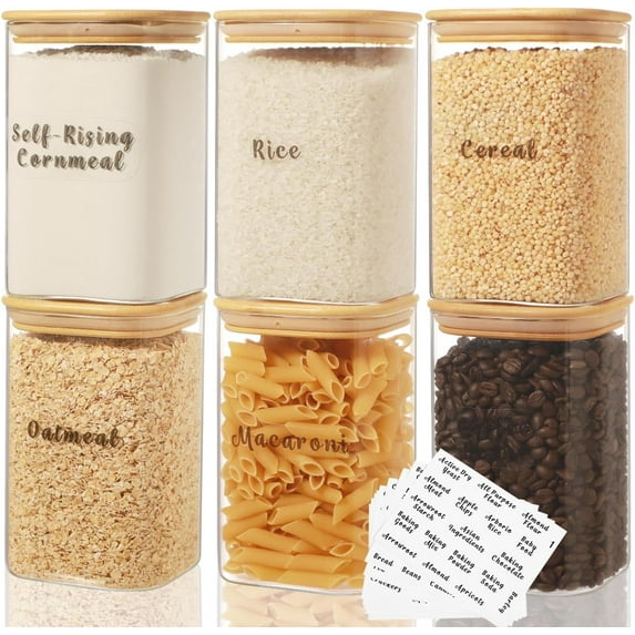 6 Pcs Square Glass Pantry Storage Containers with Bamboo Airtight Lid ...