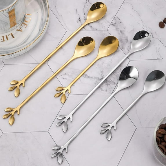 6 Pcs Stainless Steel Gold Leaf Coffee Spoon- Creative Tableware ...