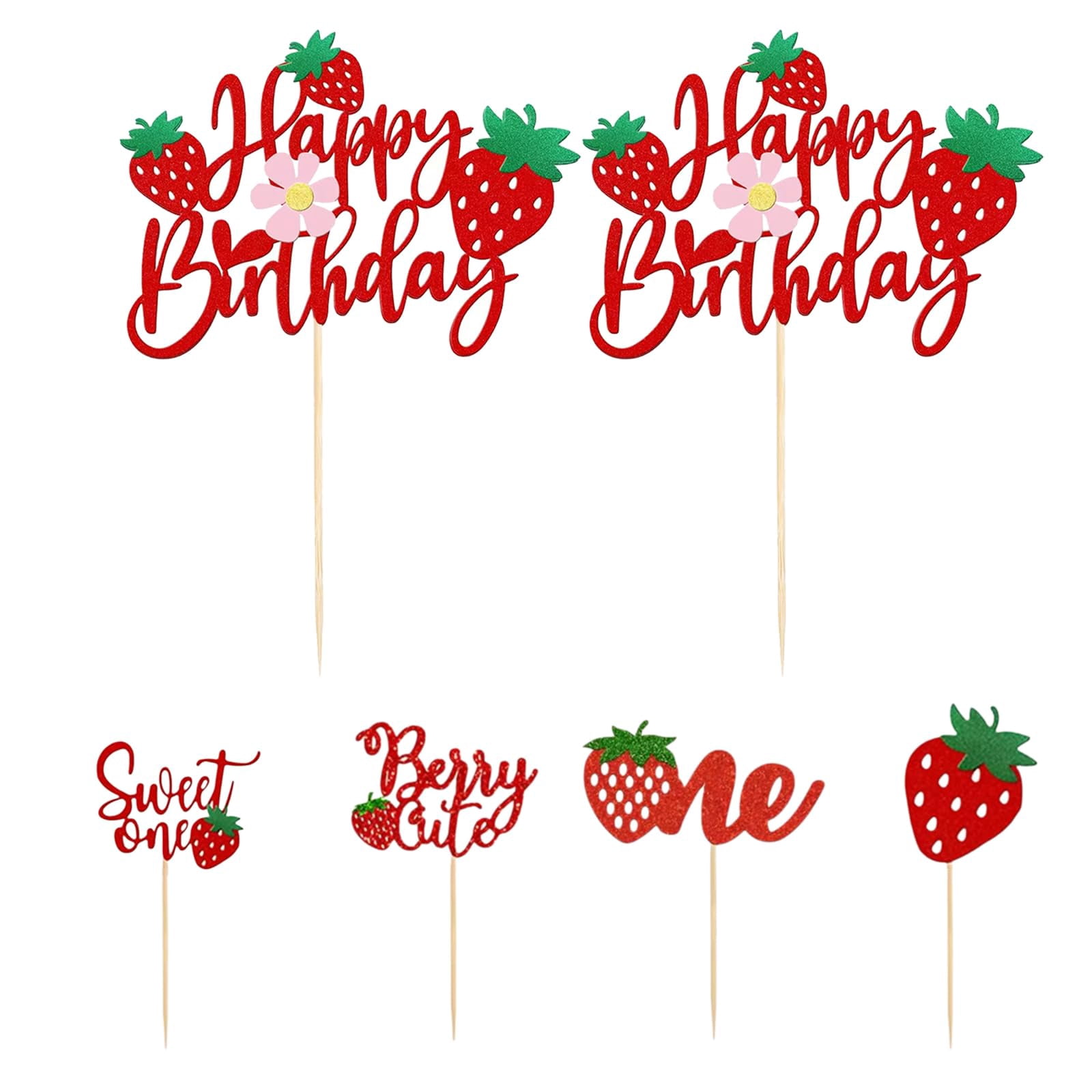 6 Pcs StrawberryTRDN Happy Birthday Cake Topper Strawberry Decorations ...