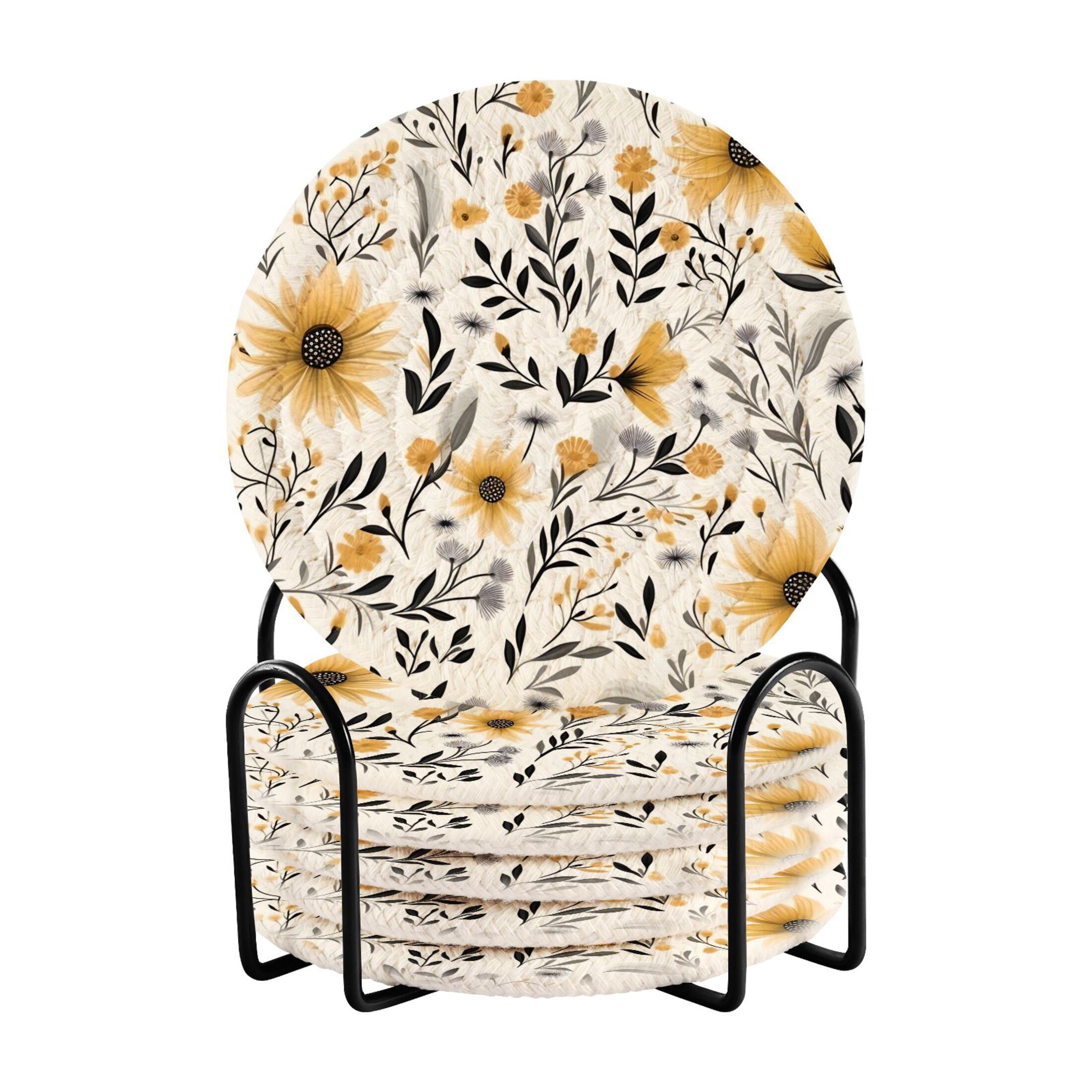 6 Pcs Sunflowers and Leaves Drink Coasters with Holder Absorbent ...