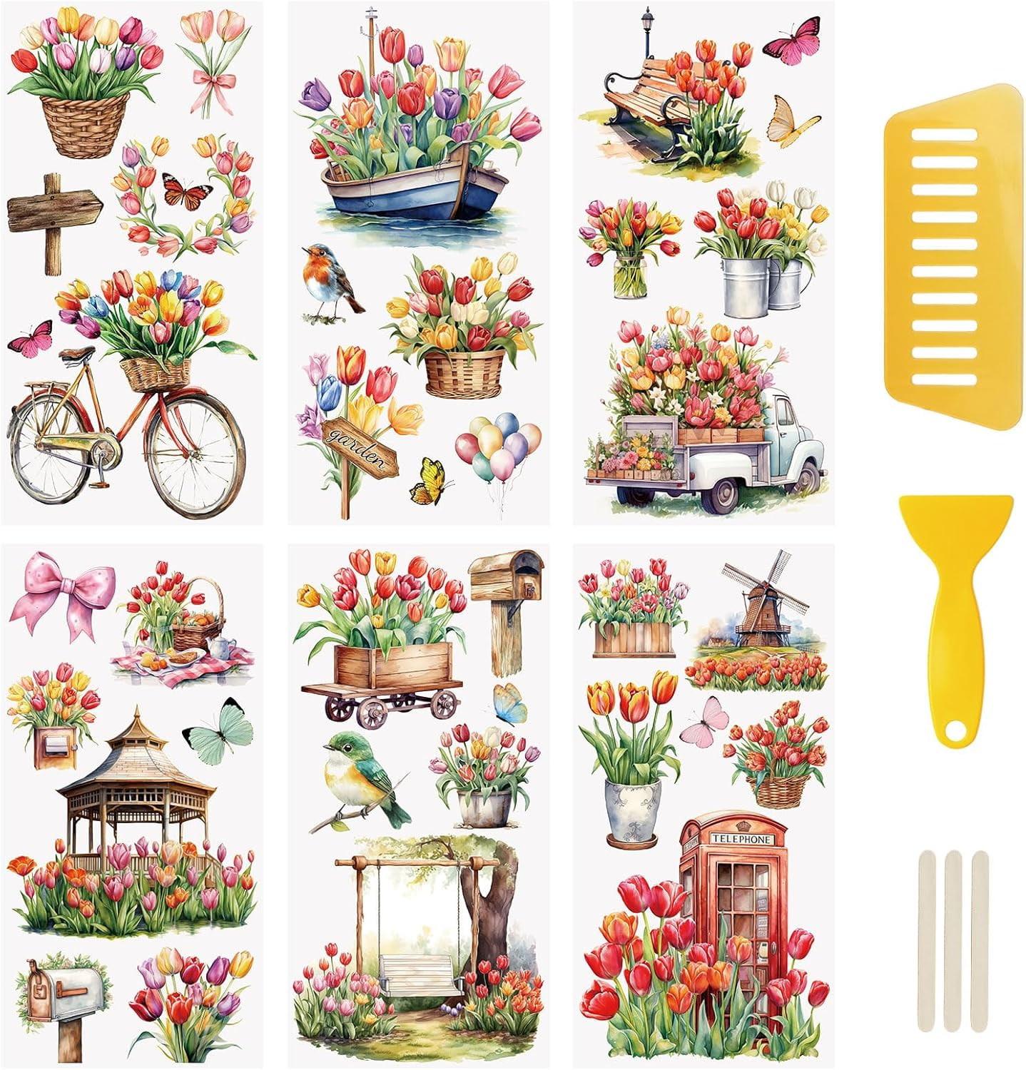 6 Pcs Tulips Rub On Transfer Sticker,Spring Scenery Stickers Flower ...