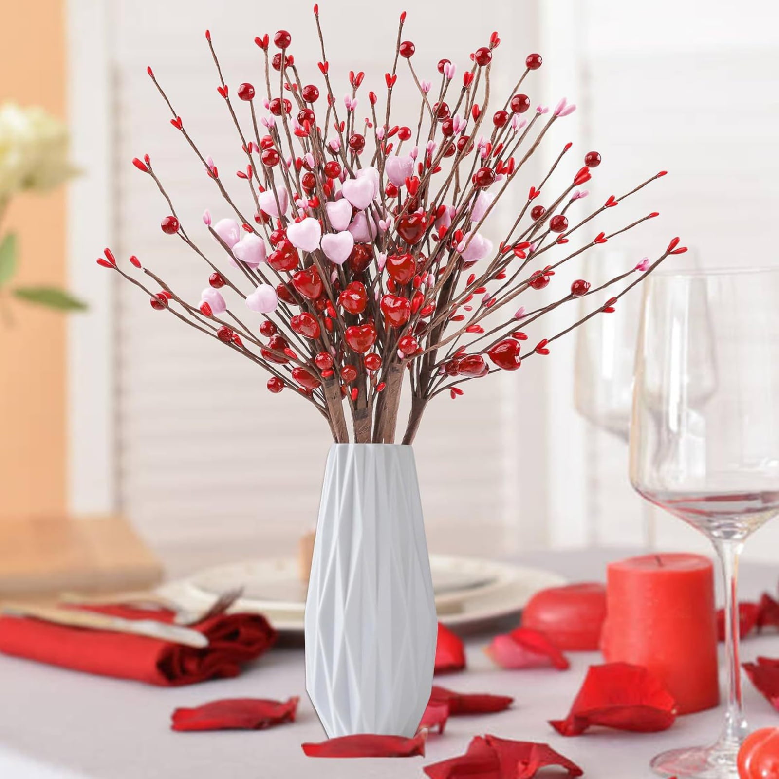 6 Pcs Valentine's Day Berry Stems Red Pink Heart Mixed Color Valentine ...