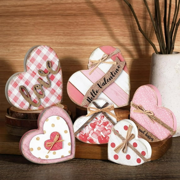 6 Pcs Valentine‘s Day Decorations Rustic Heart Shaped Wooden Sign ...