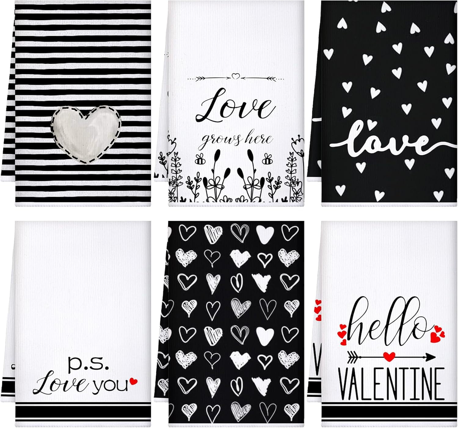 6 Pcs Valentine''s Day Kitchen Towel Black and White Love Heart Dish ...