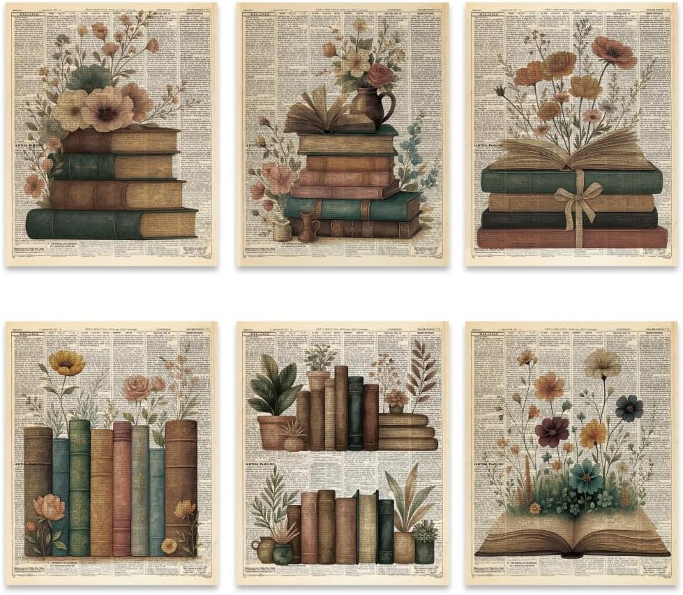 6 Pcs Vintage Book Wall Art Decors Retro Newpapers Background Flower ...