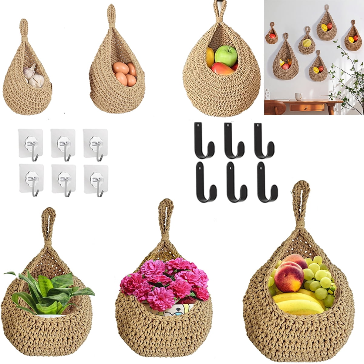 6 Pcs Wall Hanging Fruit Baskets for Kitchen,Boho Hanging Basket with ...