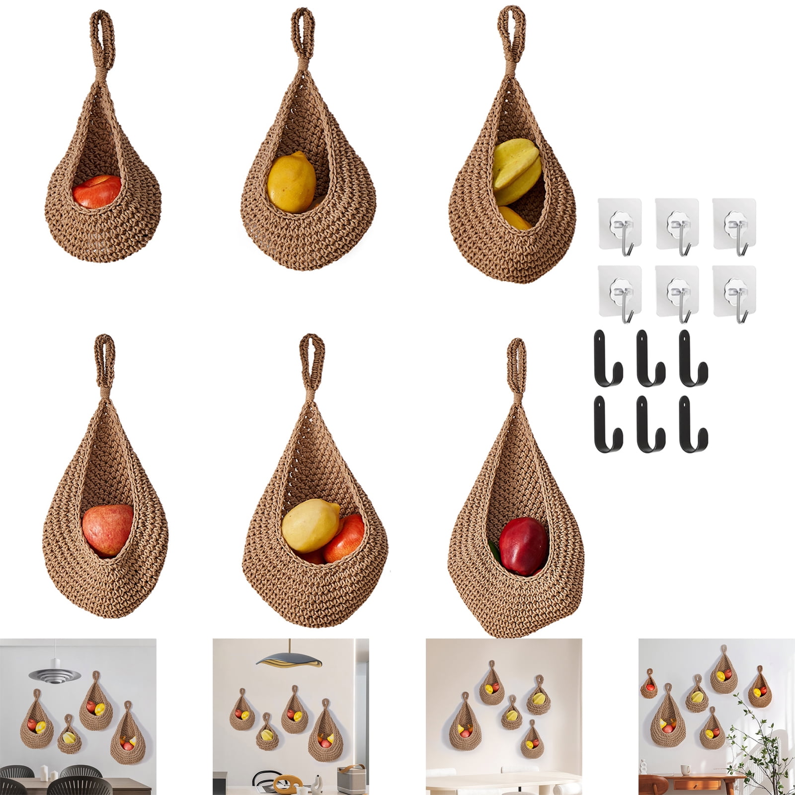 HQinX 6 Pcs Hanging Wall Fruit Baskets for Kitchen,Boho Hanging Basket ...