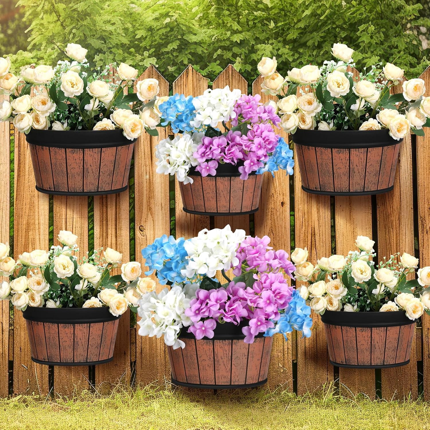 6 Pcs Wall Hanging Wine Barrel Planters Outdoor Indoor Distressed Oak ...