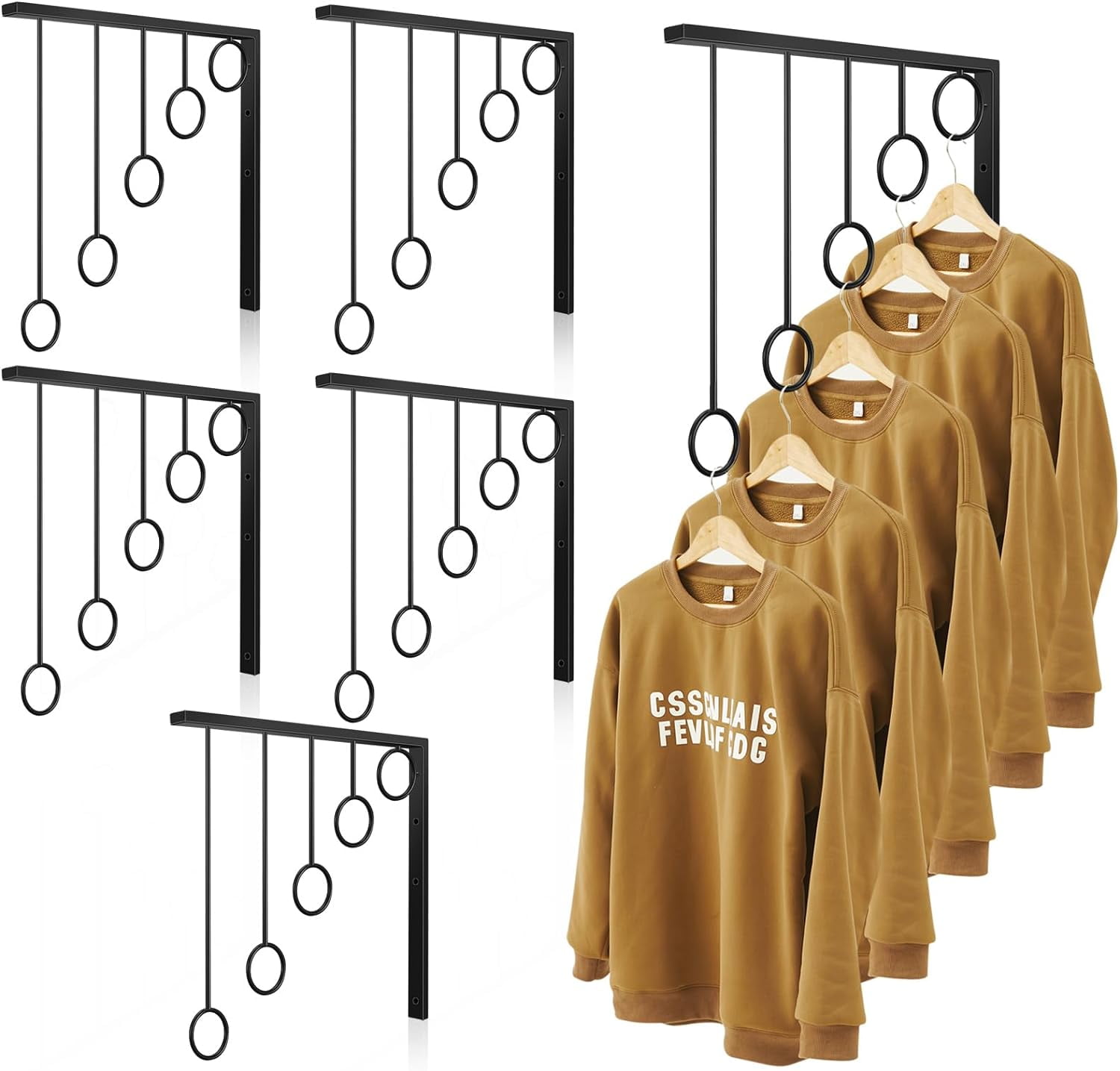 6 Pcs Wall Mounted Metal Garment Rack Black Clothes Rack with 5 Hanging ...