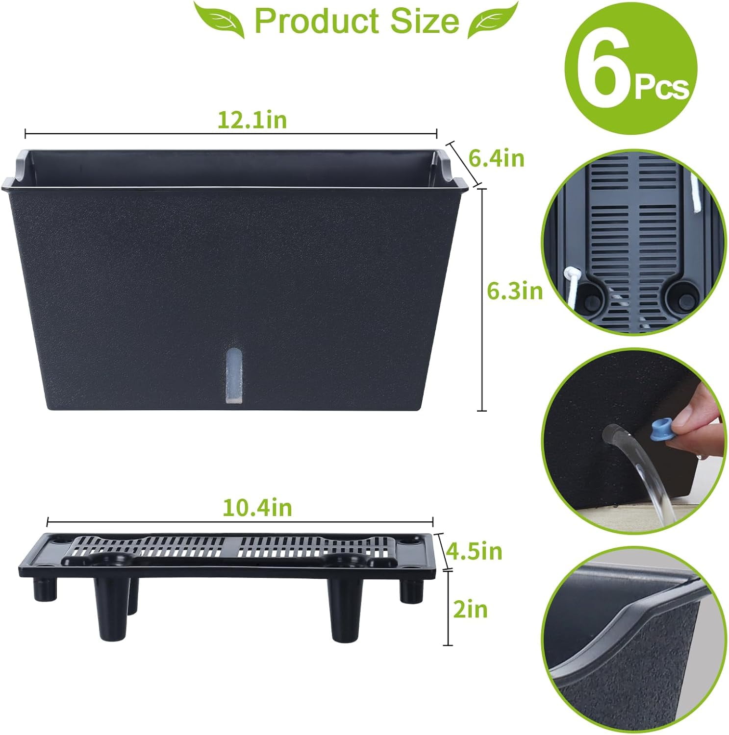 6 Pcs Watering Plant Pots, 12.1 Inches Rectangle Window Box Planter with Drainage Holes and ...