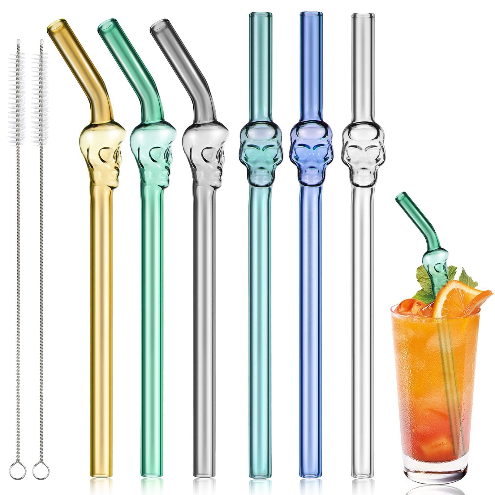 6 Pcs Wavy Glass Straws Reusable Curved Straw Shatter Resistant with 2 ...