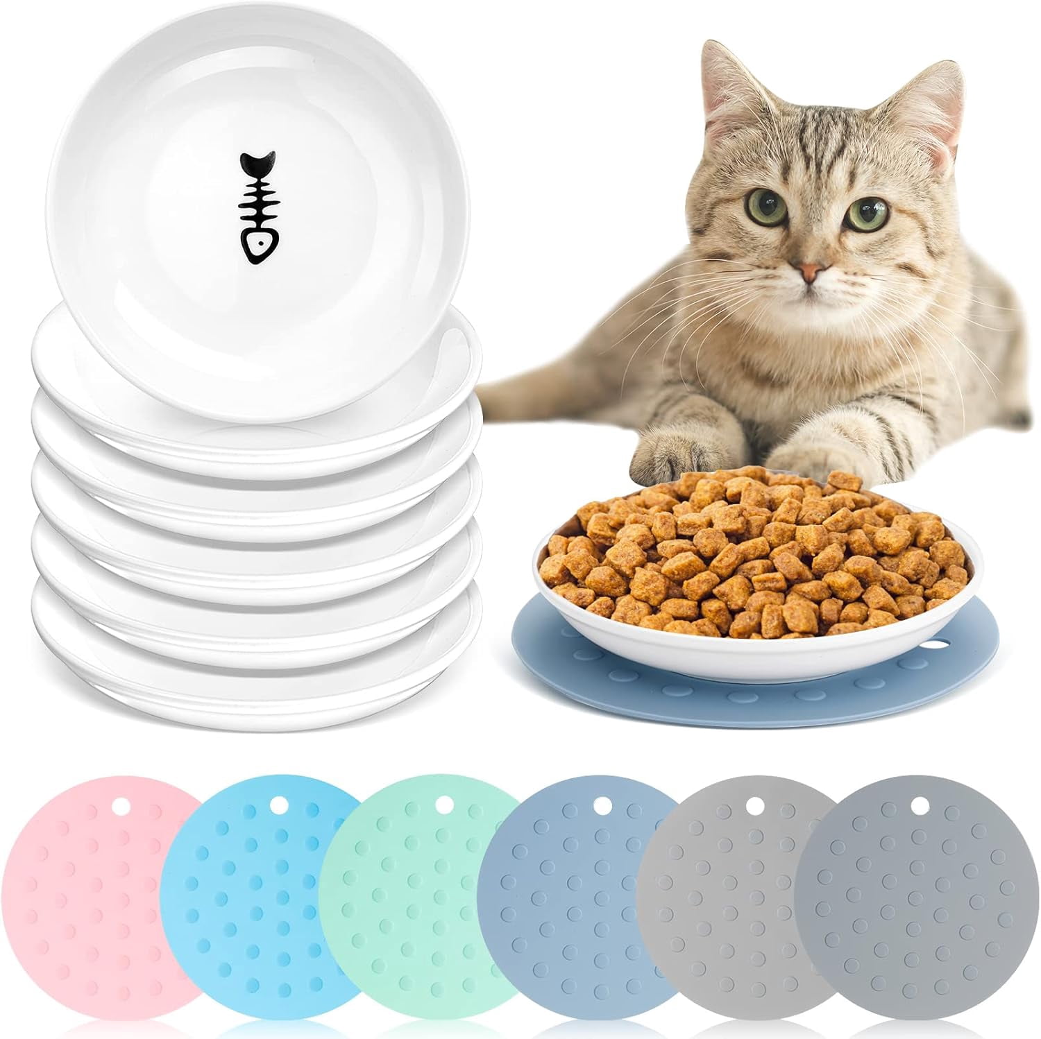 6 Pcs Whisker Fatigue Cat Bowls with 6 Pcs Silicone Anti Slip Mats, 6 ...