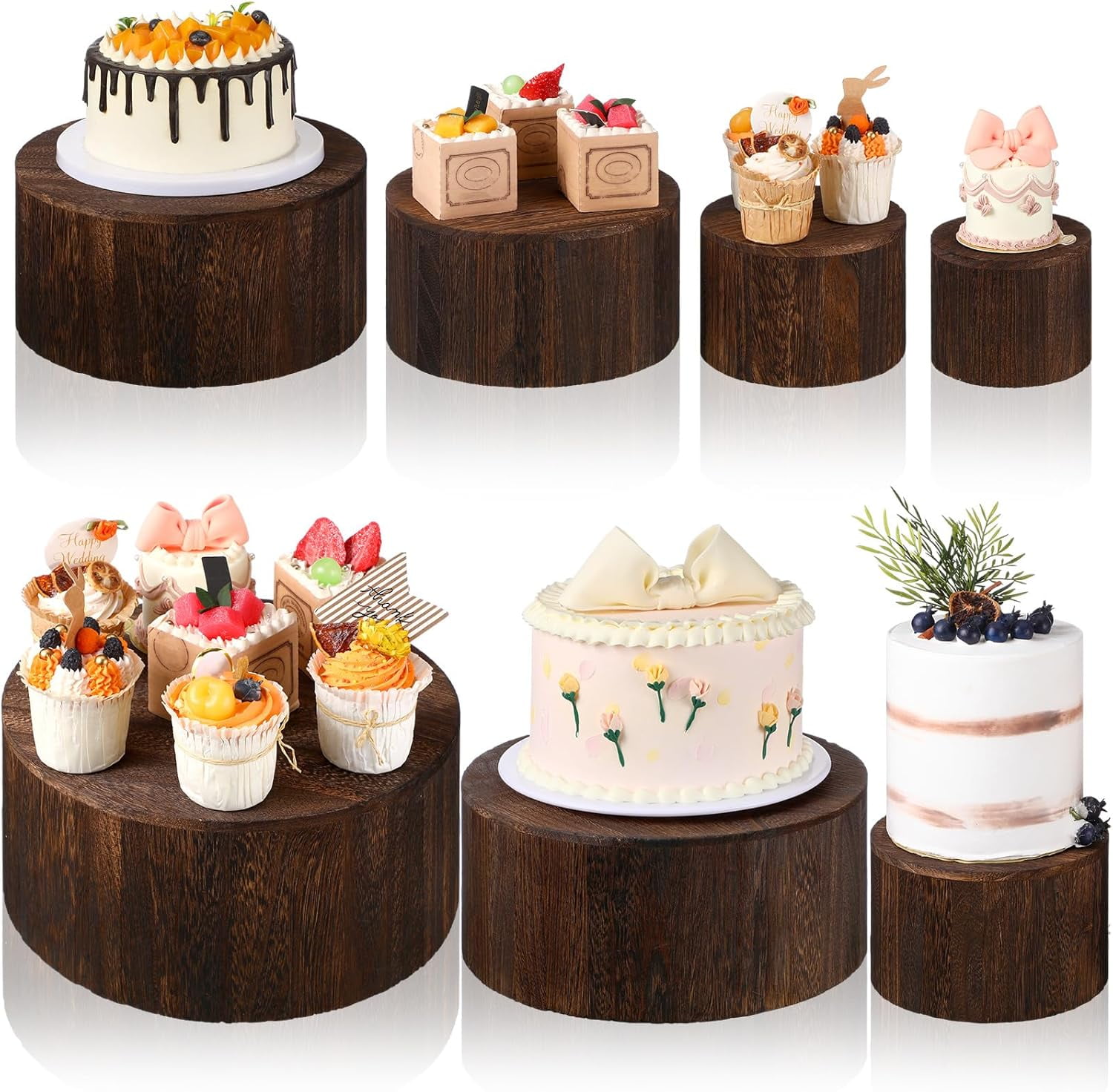 6 Pcs Wood Display Risers Cupcake Stand Brown Rustic Wood Cake Stands ...