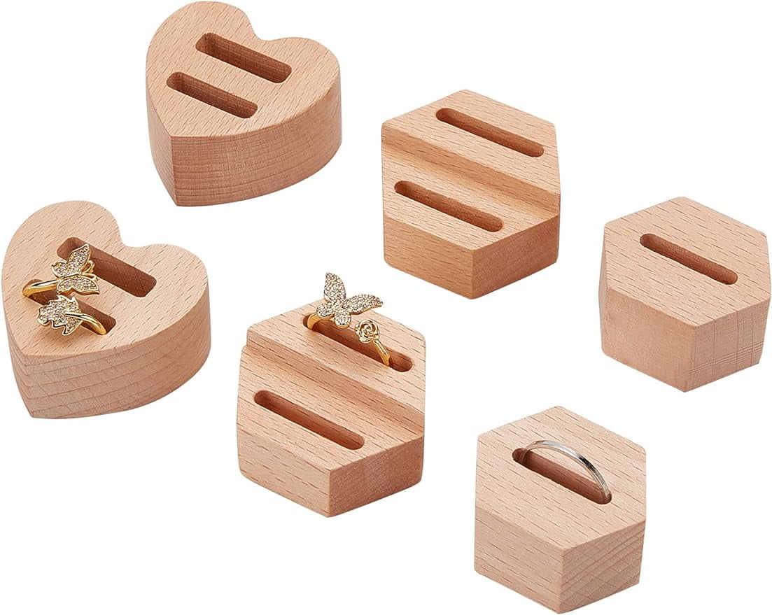6 Pcs Wood Ring Display Stands Hexagon Heart Wood Jewelry Display Stand ...