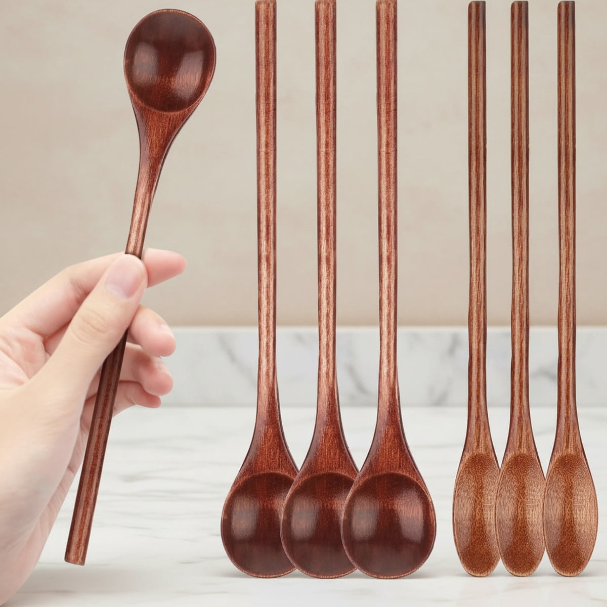 6 Pcs Wooden Coffee Spoons, Long Handle Wooden Teaspoon, Stirring ...