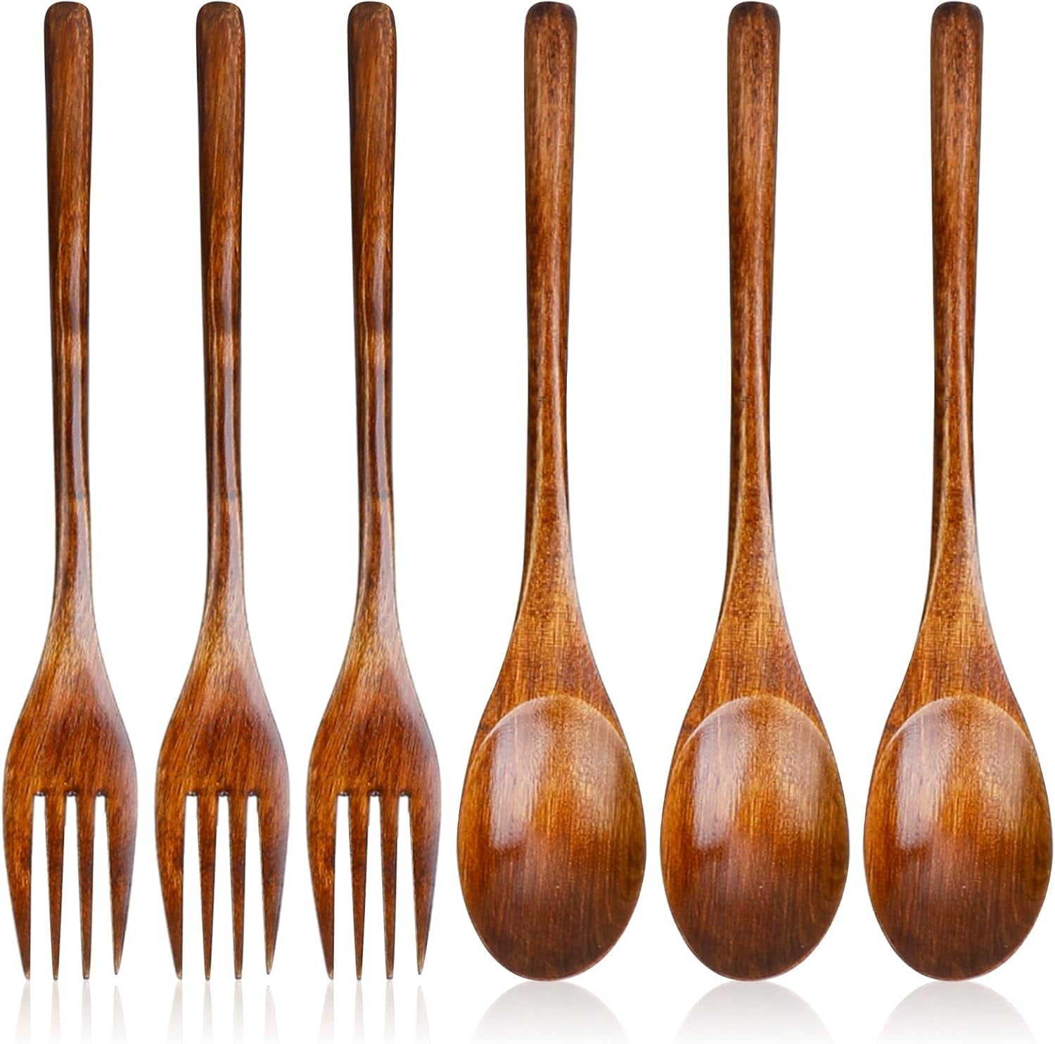 6 Pcs Wooden Forks and Spoons Reusable Wooden Spoons Forks Set Eating ...