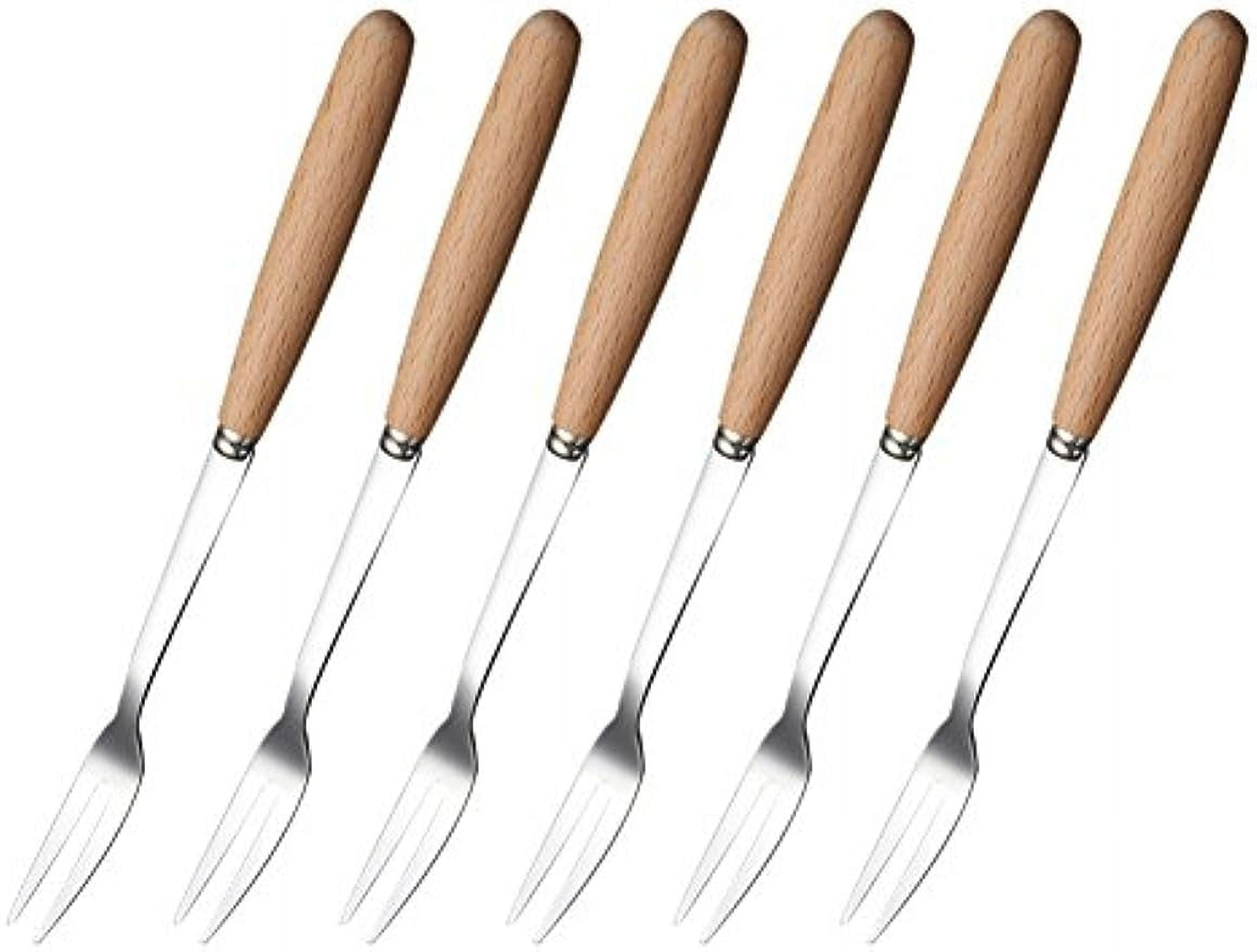6 Pcs Wooden Handle Stainless Steel Two Prong Forks Fruit Cake ...