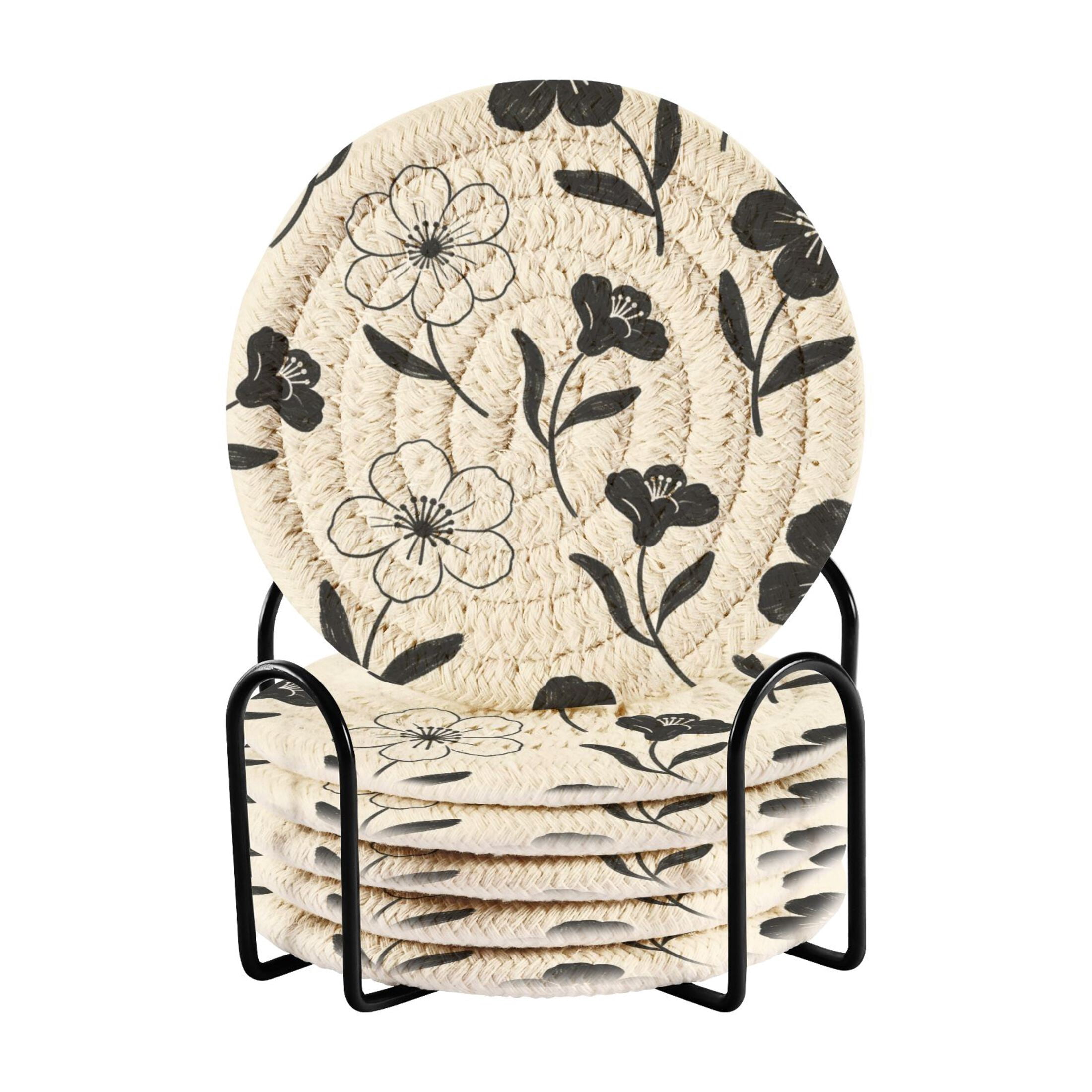 6 Pcs Woven Drink Coasters Set with Metal Stand, 4 Inch Tabletop ...