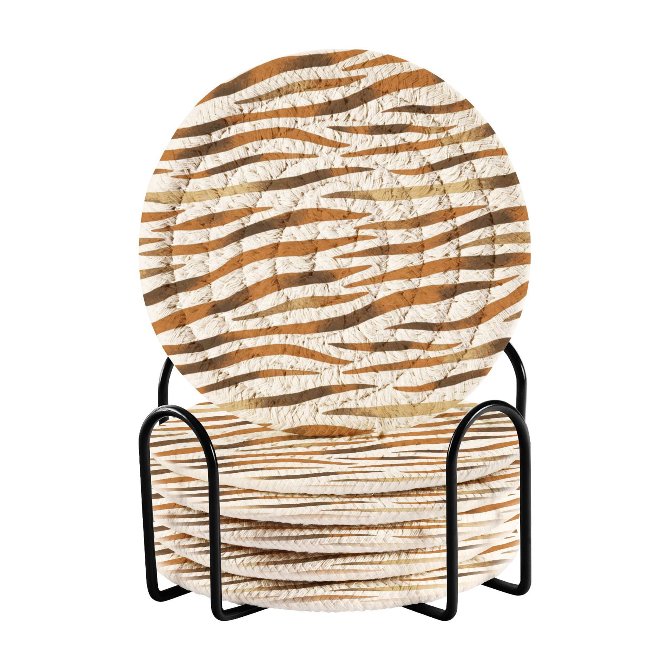 6 Pcs Woven Drink Coasters Set with Metal Stand, 4 Inch Tabletop ...
