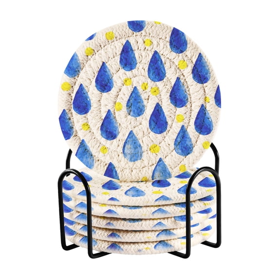 6 Pcs Woven Drink Coasters Set with Metal Stand, Blue Water Droplet 4 ...