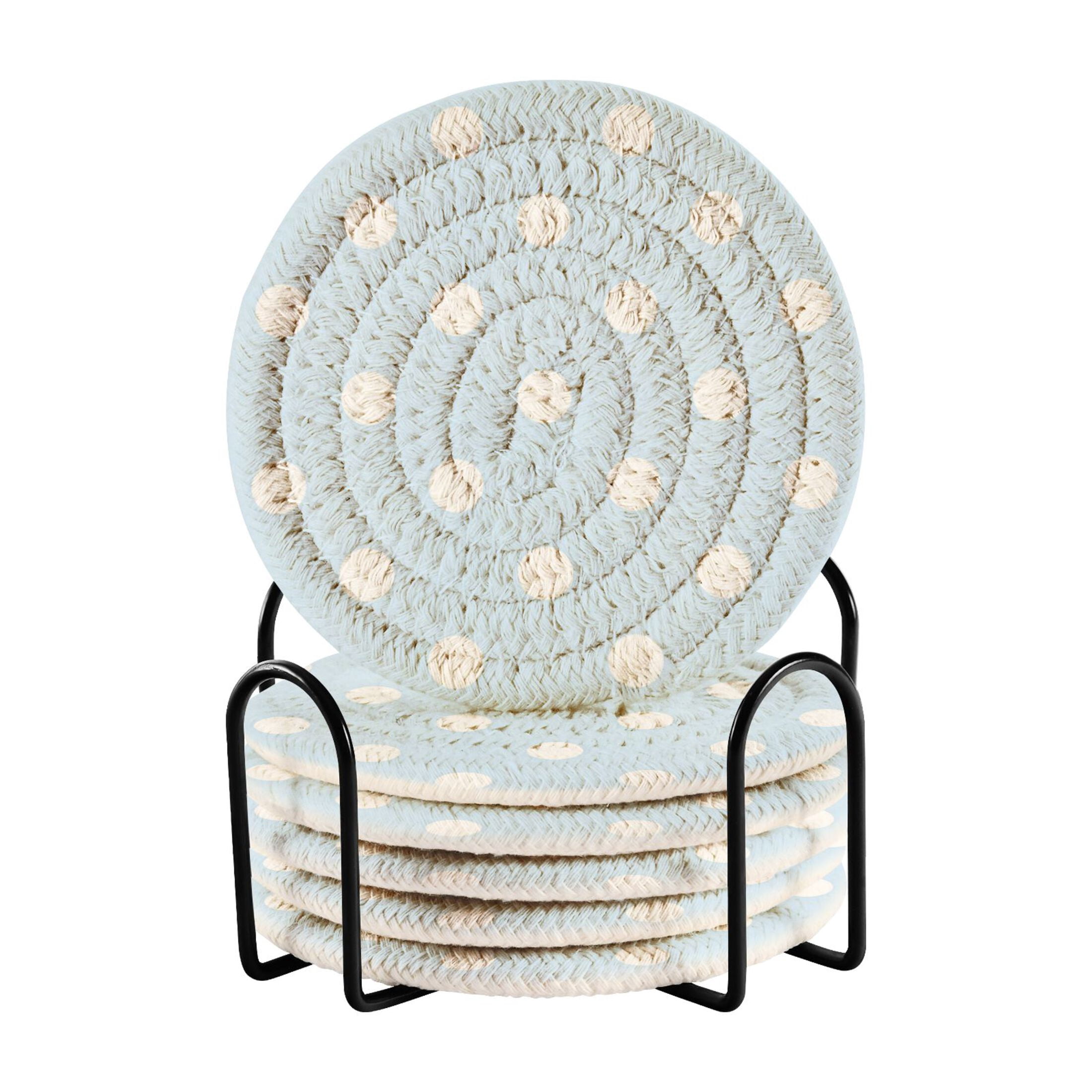 6 Pcs Woven Drink Coasters Set with Metal Stand, Blue and White Polka ...
