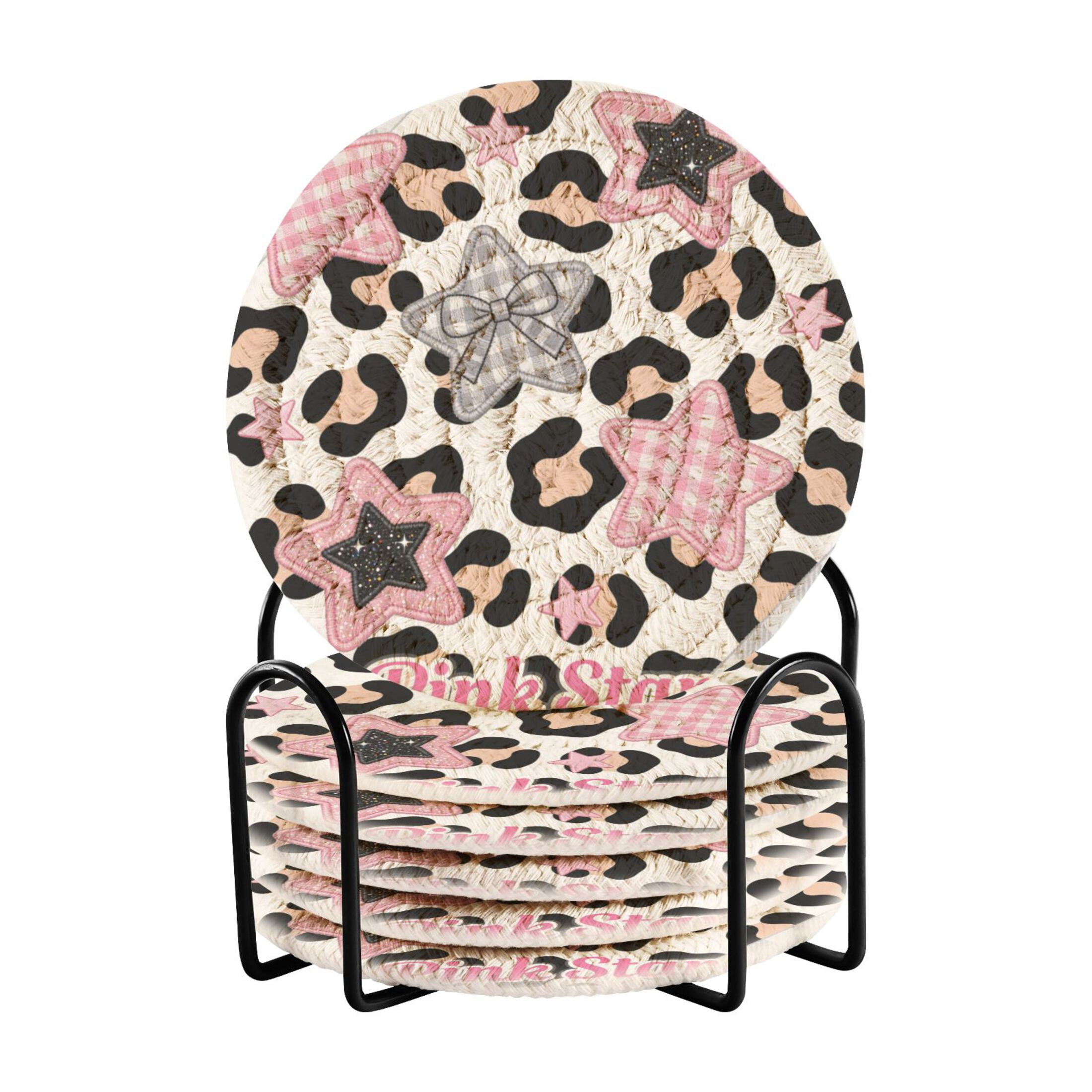 6 Pcs Woven Drink Coasters Set with Metal Stand, Floral Leopard Print ...