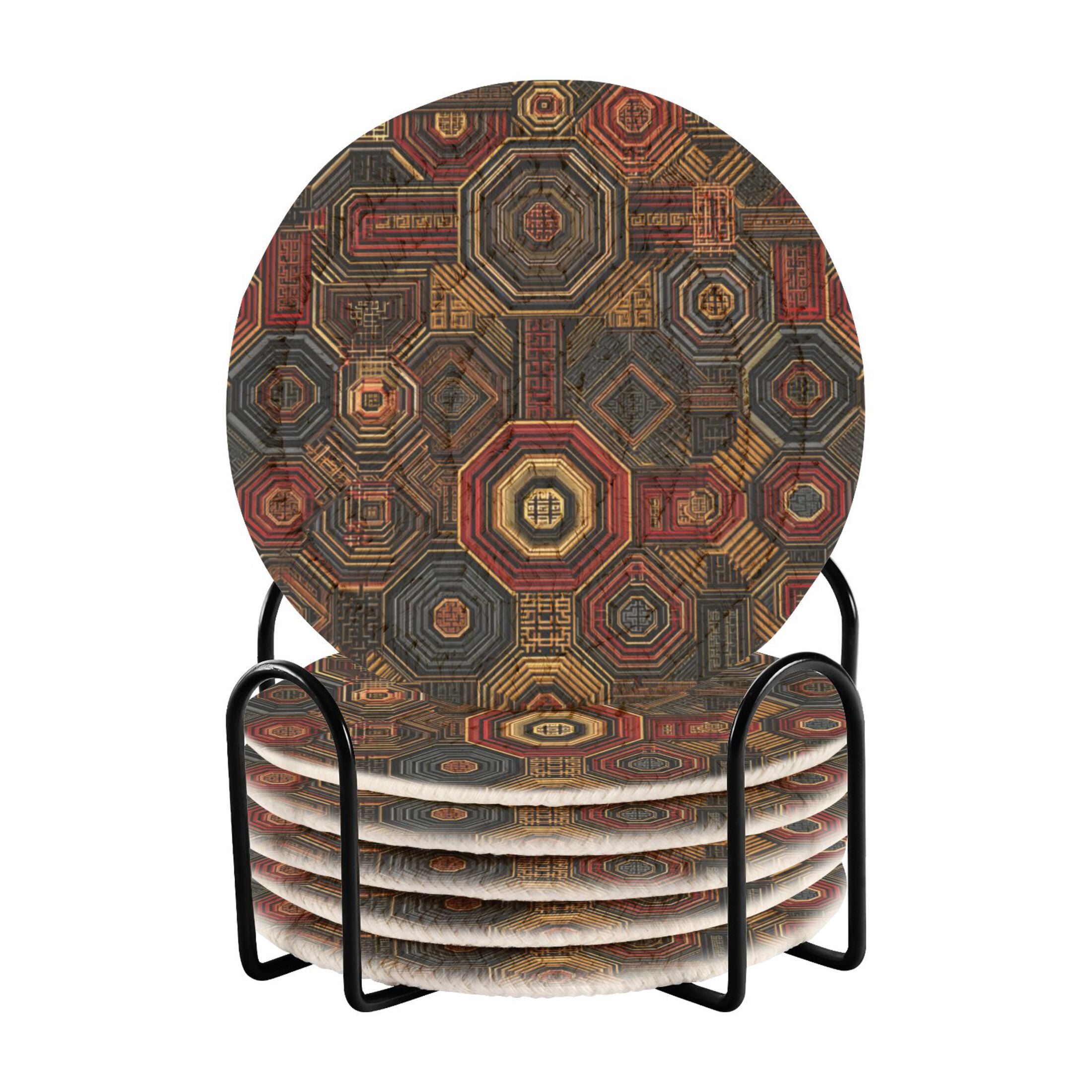 6 Pcs Woven Drink Coasters Set with Metal Stand, Intricate Diagram 4 ...