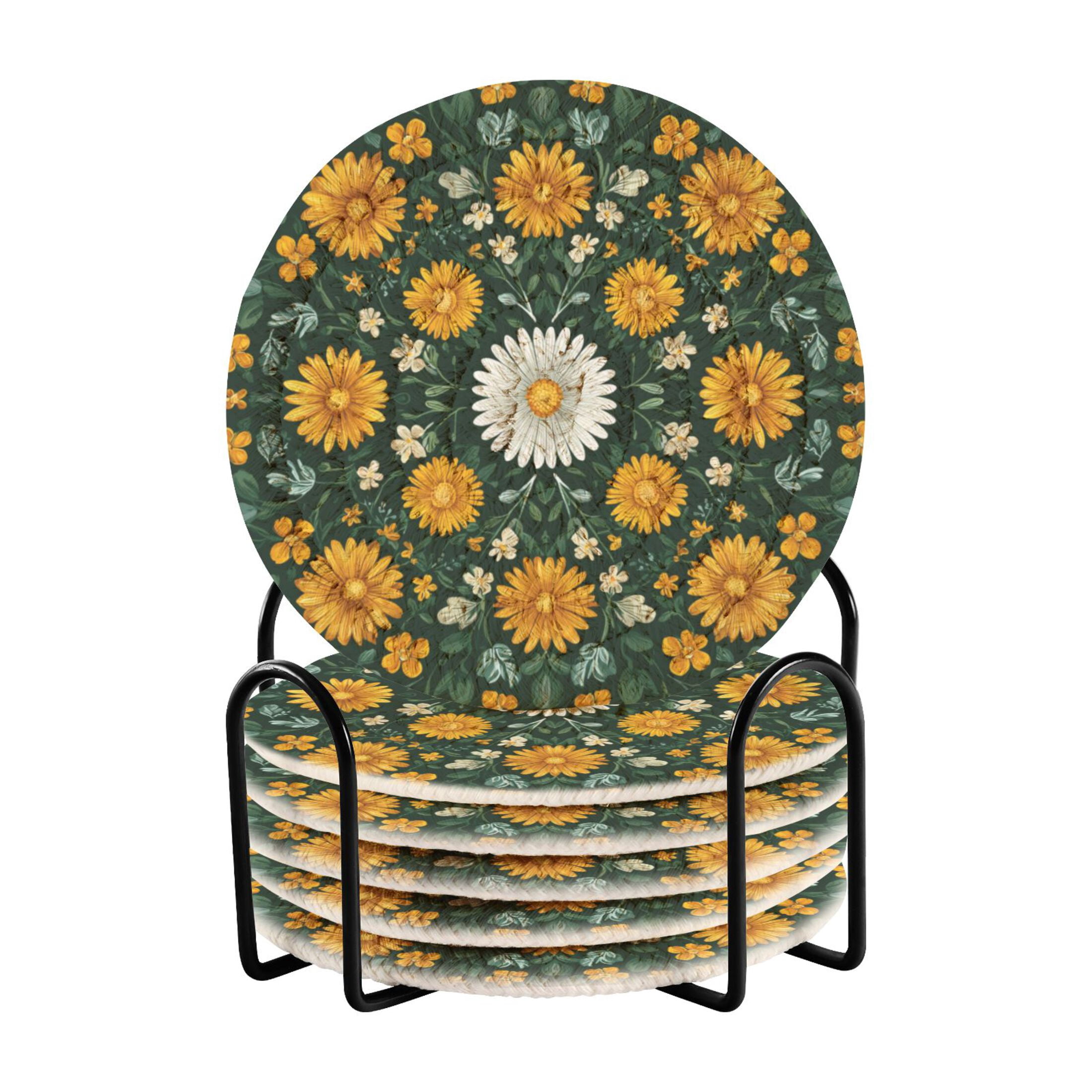 6 Pcs Woven Drink Coasters Set with Metal Stand, Marigold Bed 4 Inch ...