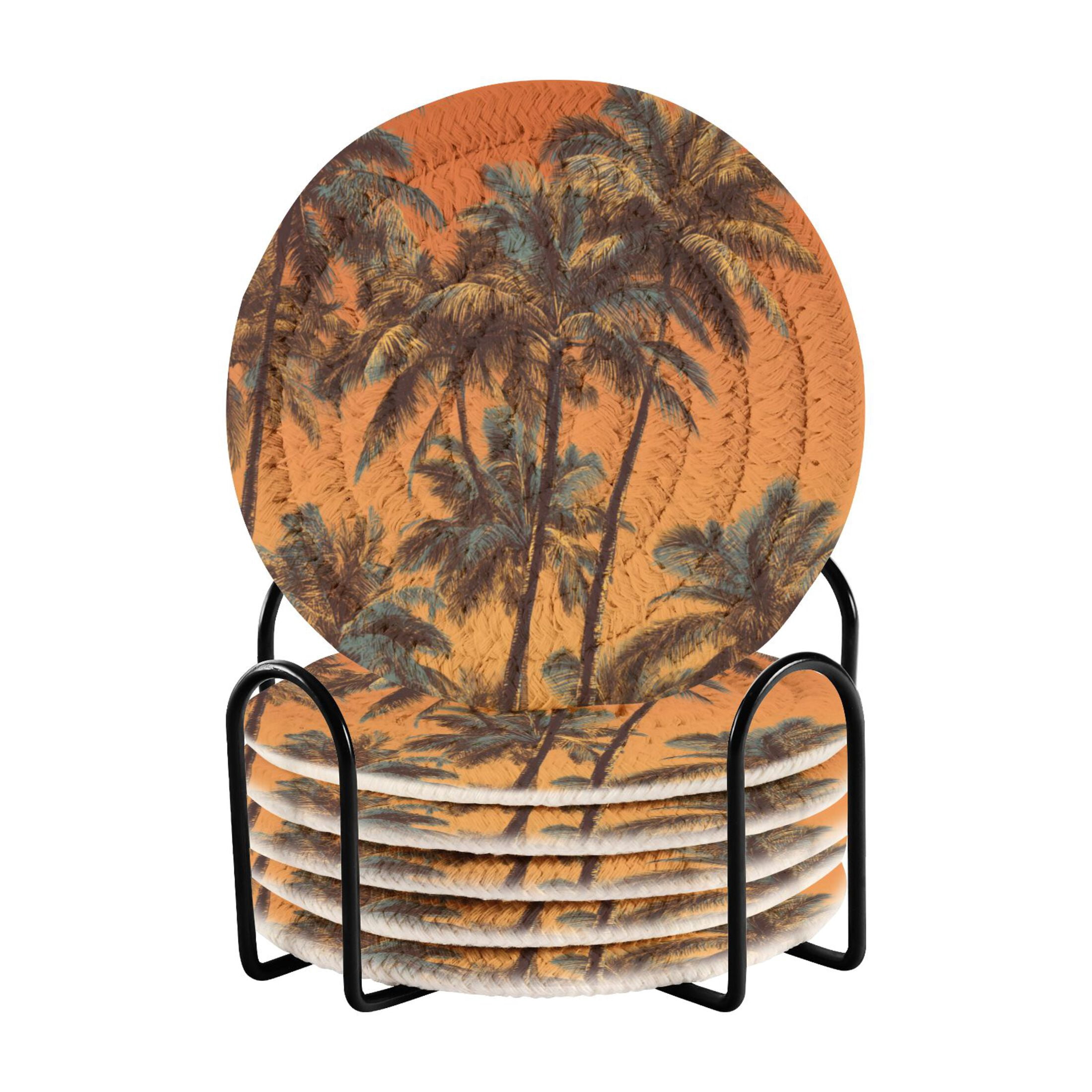 6 Pcs Woven Drink Coasters Set with Metal Stand, Orange Coconut Tree 4 ...