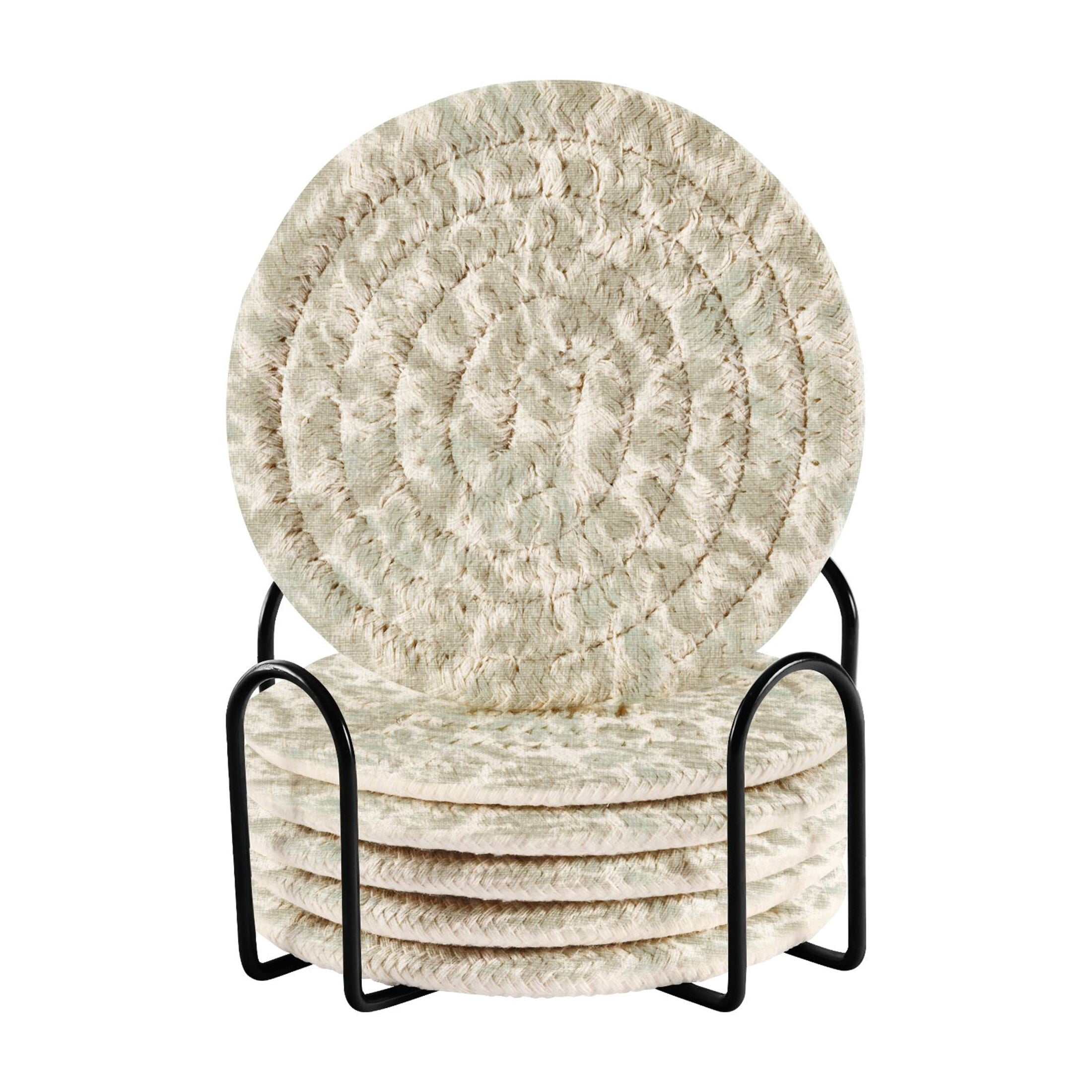 6 Pcs Woven Drink Coasters Set with Metal Stand, Pattern Color 4 Inch ...