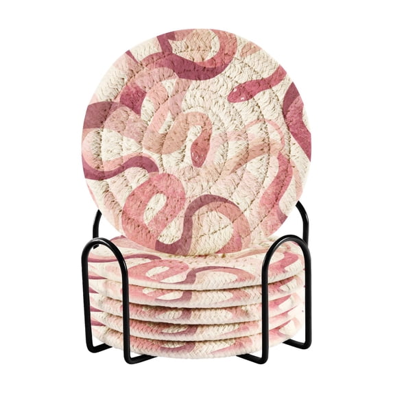 6 Pcs Woven Drink Coasters Set with Metal Stand, Rose Red Snake Pattern ...